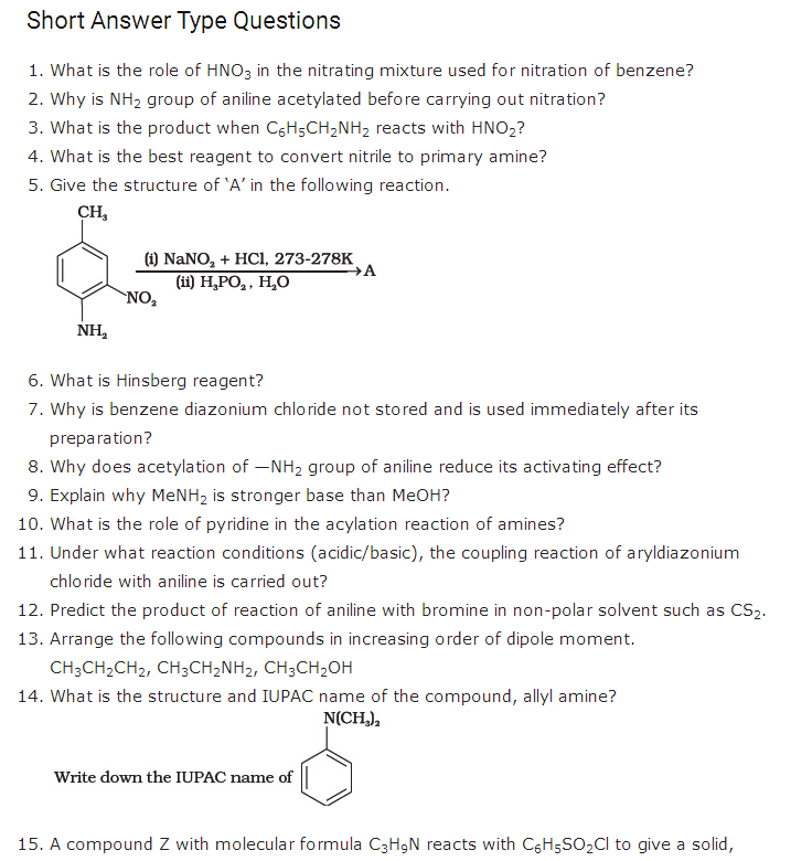 Important Questions For Class 12 Chemistry Chapter 13 Amines Important Questions For Class 12 Chemistry Chapter 13 Amines