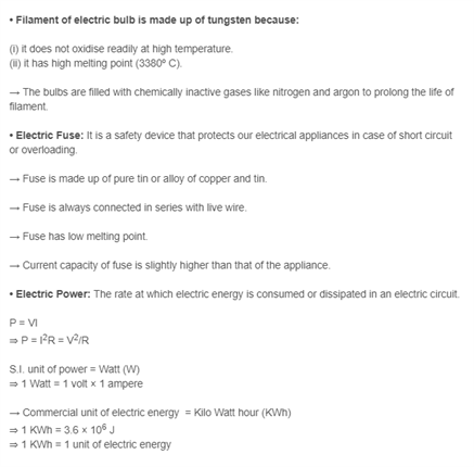 CBSE Class 10 Chapter 12 Revision Notes Science - Electricity