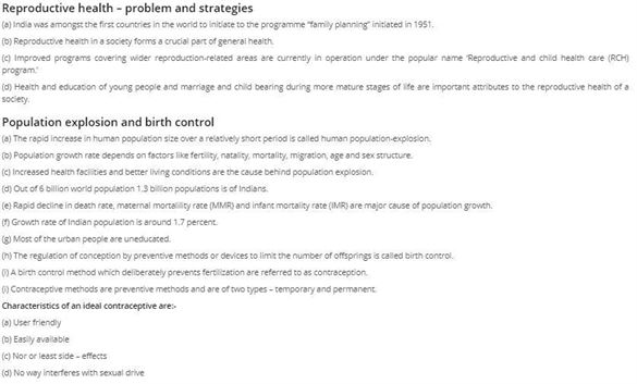 Class 12 Chapter 4 Biology Revision Notes - Reproductive Health