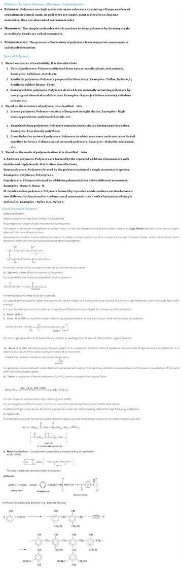 CBSE Class 12 Chemistry Revision Notes Chapter 15 Polymers