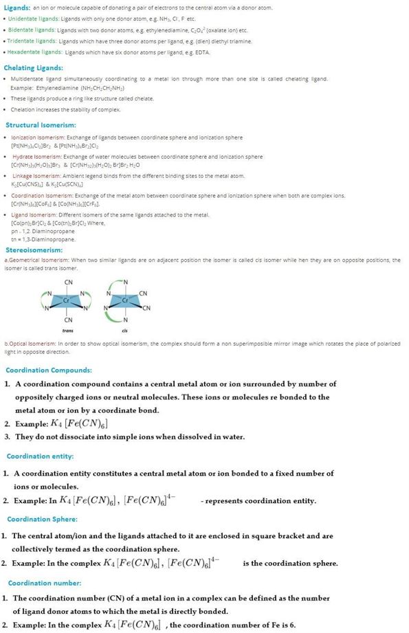 CBSE Class 12 Chemistry Revision Notes Chapter 9 The coordination Compounds CBSE Class 12 Chemistry Revision Notes Chapter 9 The coordination Compounds