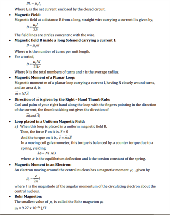 CBSE Class 12 Physics Revision Notes for Chapter 4 Moving Charges and ...