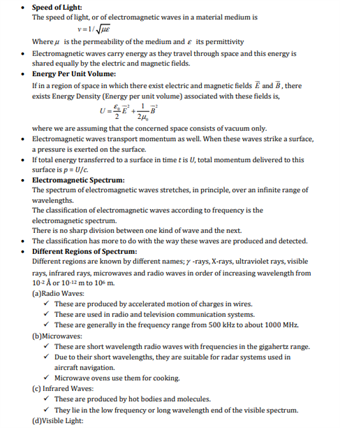 CBSE Class 12 Physics Revision Notes for Chapter 8 Electromagnetic Waves