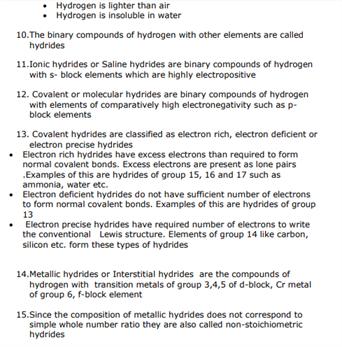 CBSE Class 11 Chemistry Revision Notes Chapter 9 Hydrogen
