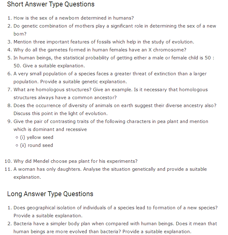 Important Questions For Class 10 Science Chapter 9 Heredity And Evolution