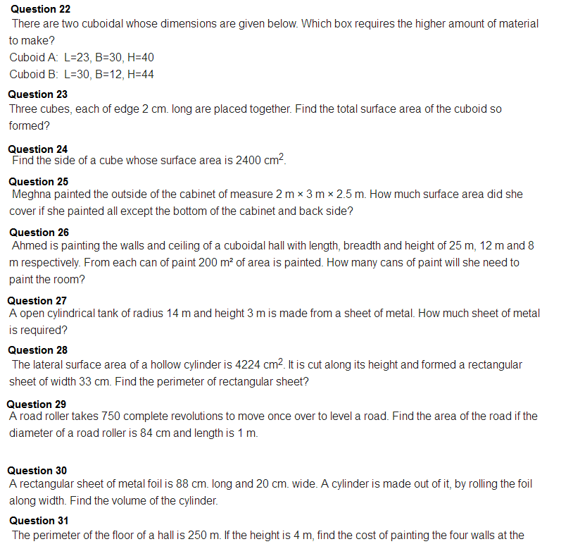 Important Questions For Class 8 Maths Chapter 11 Mensuration