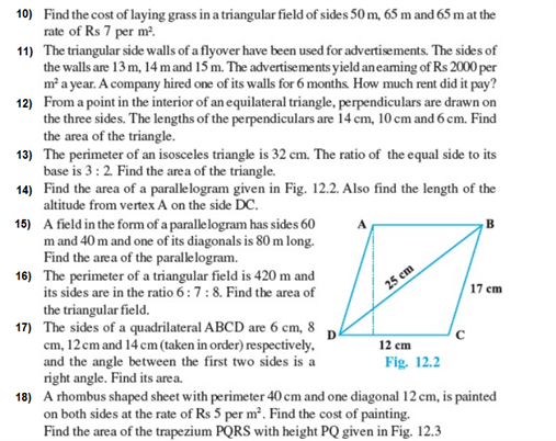 Important questions for class 9 maths Chapter 12 Heron's Formula