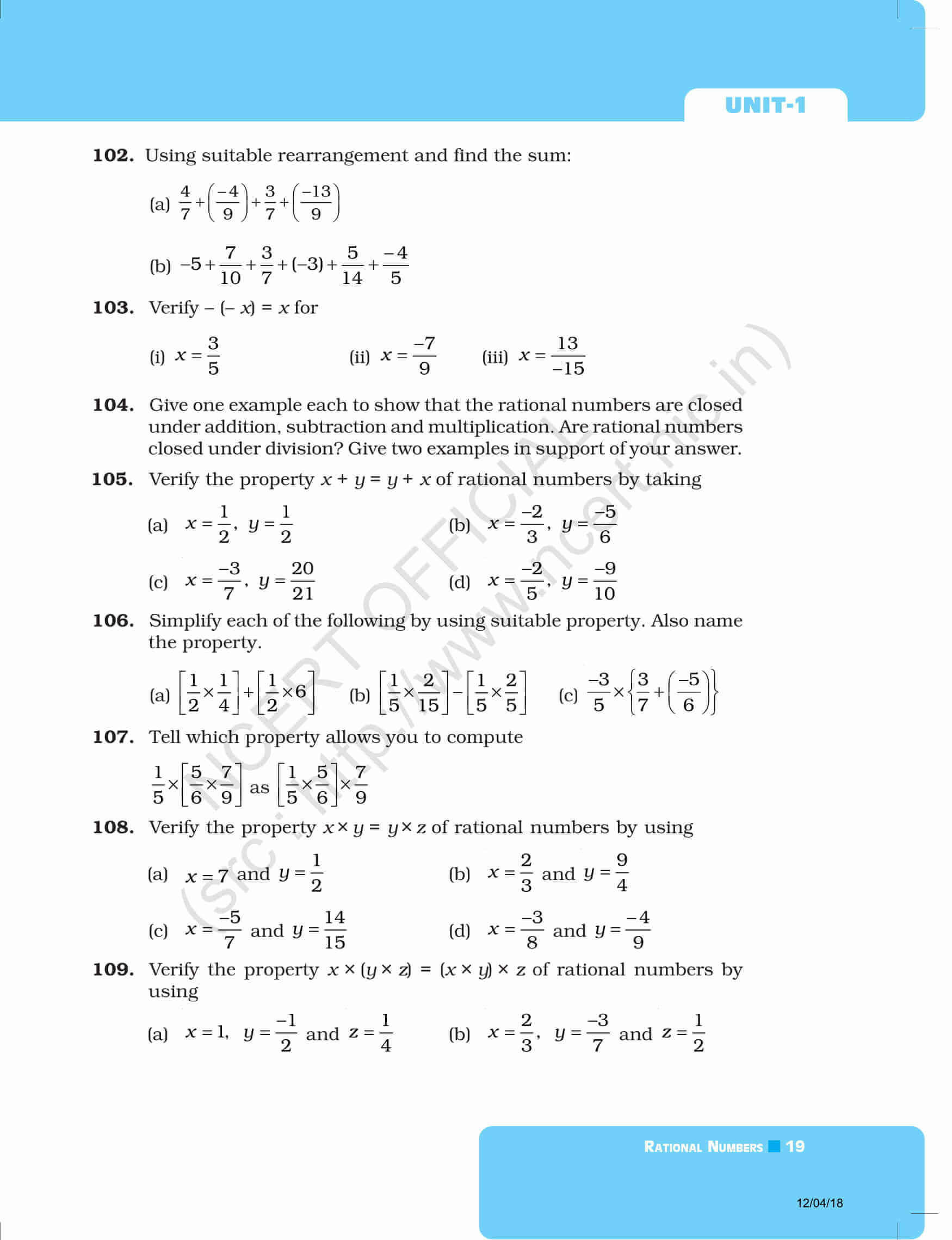 NCERT Exemplar Class 8 Maths Solutions Chapter 1 Rational Numbers