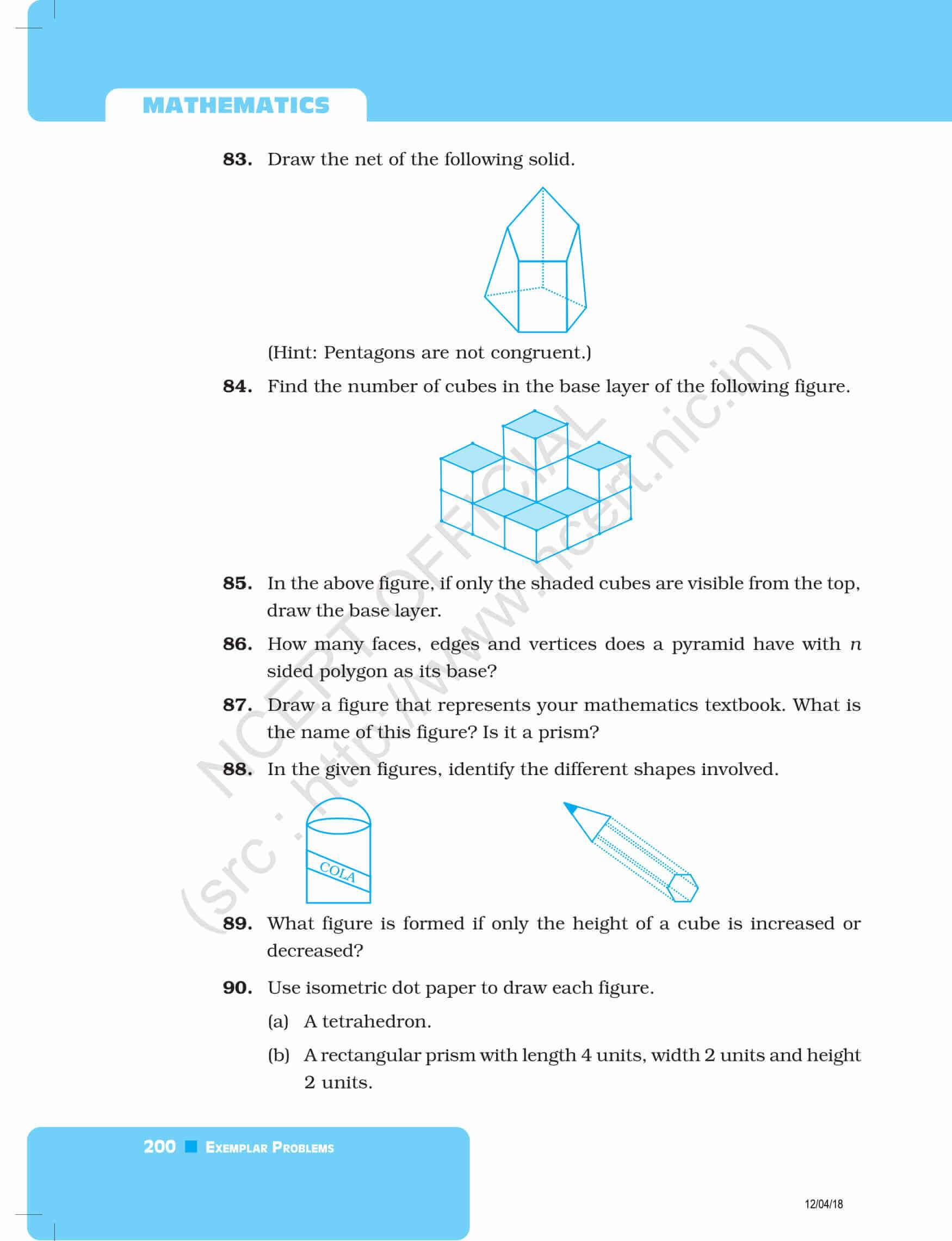 NCERT Exemplar Class 8 Maths Solutions Chapter 6 Visualising Solid NCERT Exemplar Class 8 Maths Solutions Chapter 6 Visualising Solid