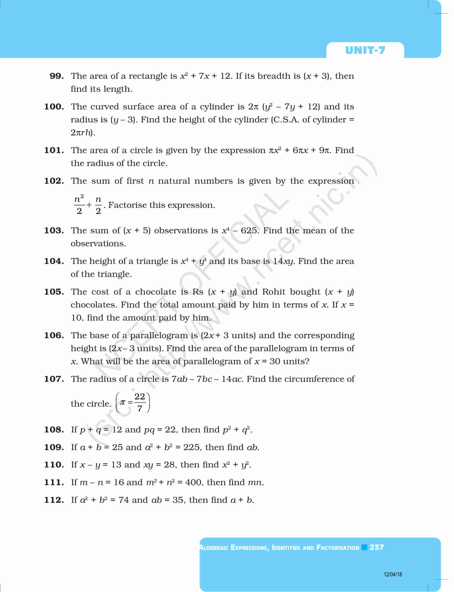 NCERT Exemplar Class 8 Maths Solutions Chapter 7 Algebraic