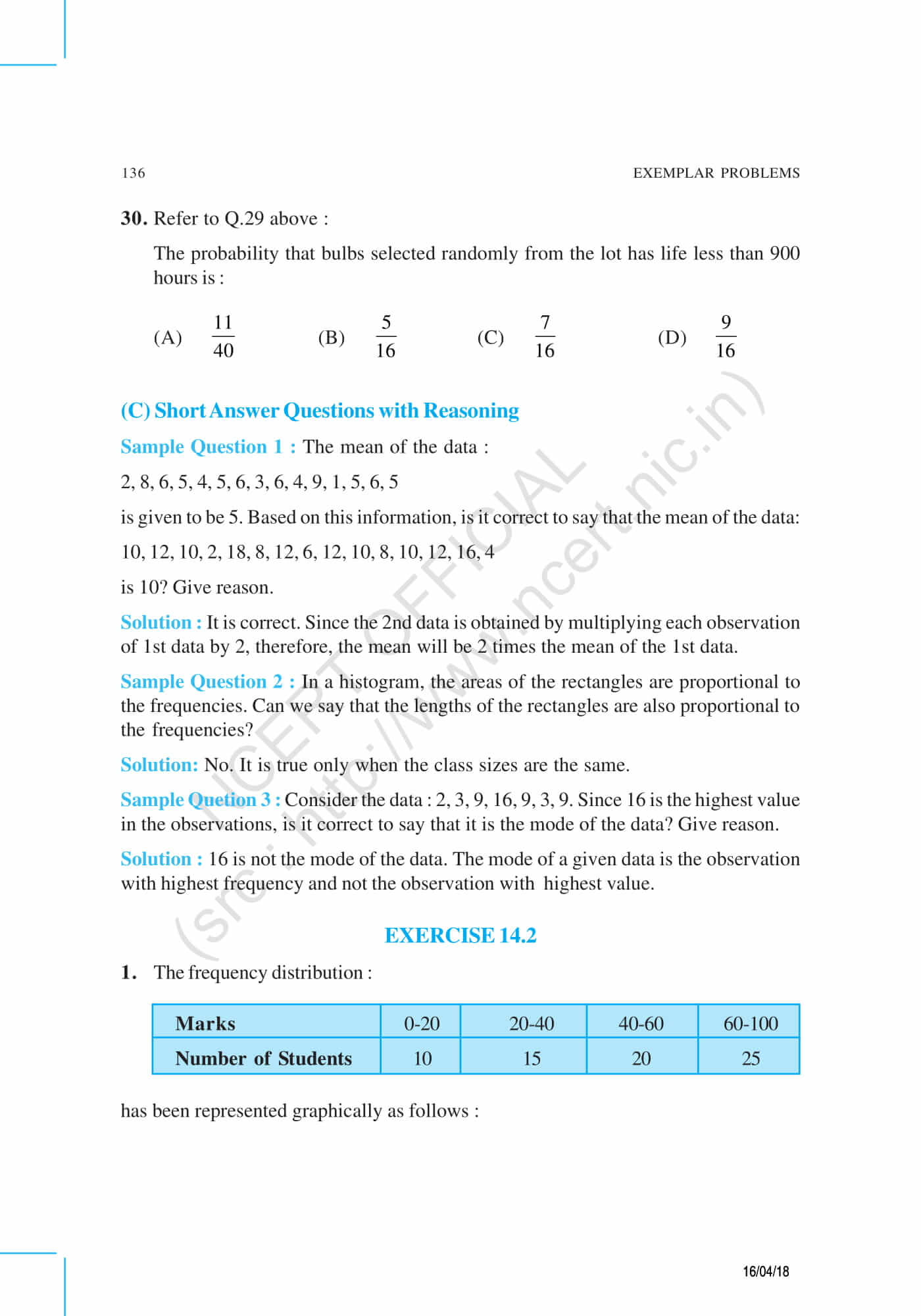 Class 9 Maths NCERT Exemplar Chapter 14 Statistics And Probability