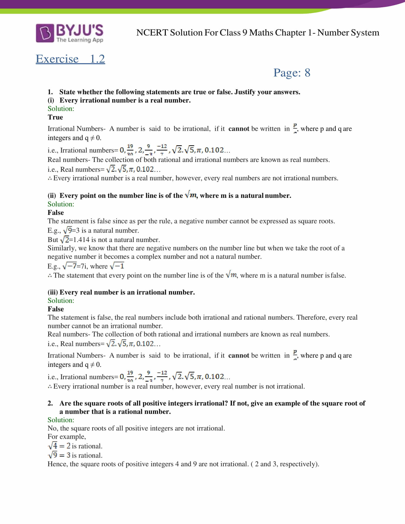 NCERT Solutions for Class 9 Maths Exercise 1.2 Chapter 1 Number Systems -Free PDF Download
