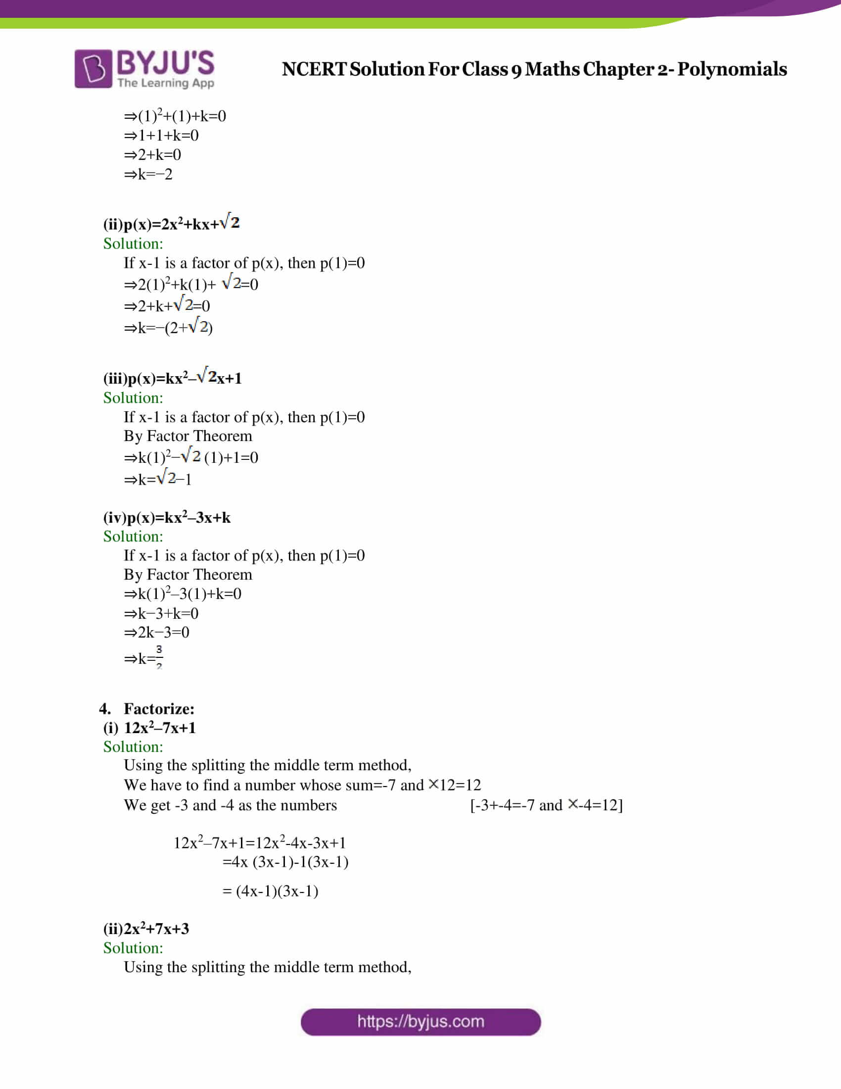 NCERT Solutions for Class 9 Maths Chapter 2 Polynomial Ex 2.4 Free PDF ...