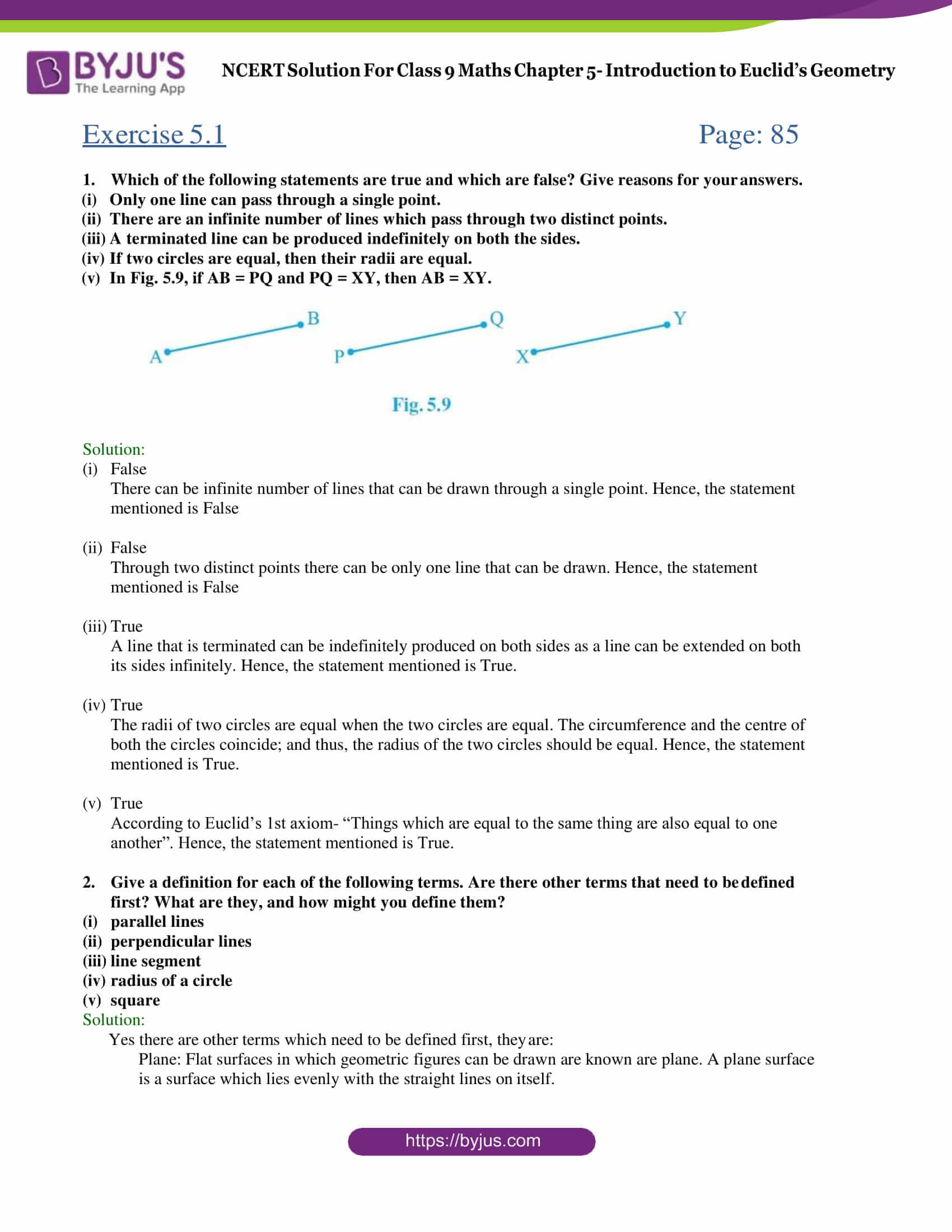 NCERT Solutions for Class 9 Maths Exercise 5.1 Chapter 5- introduction to euclids geometry