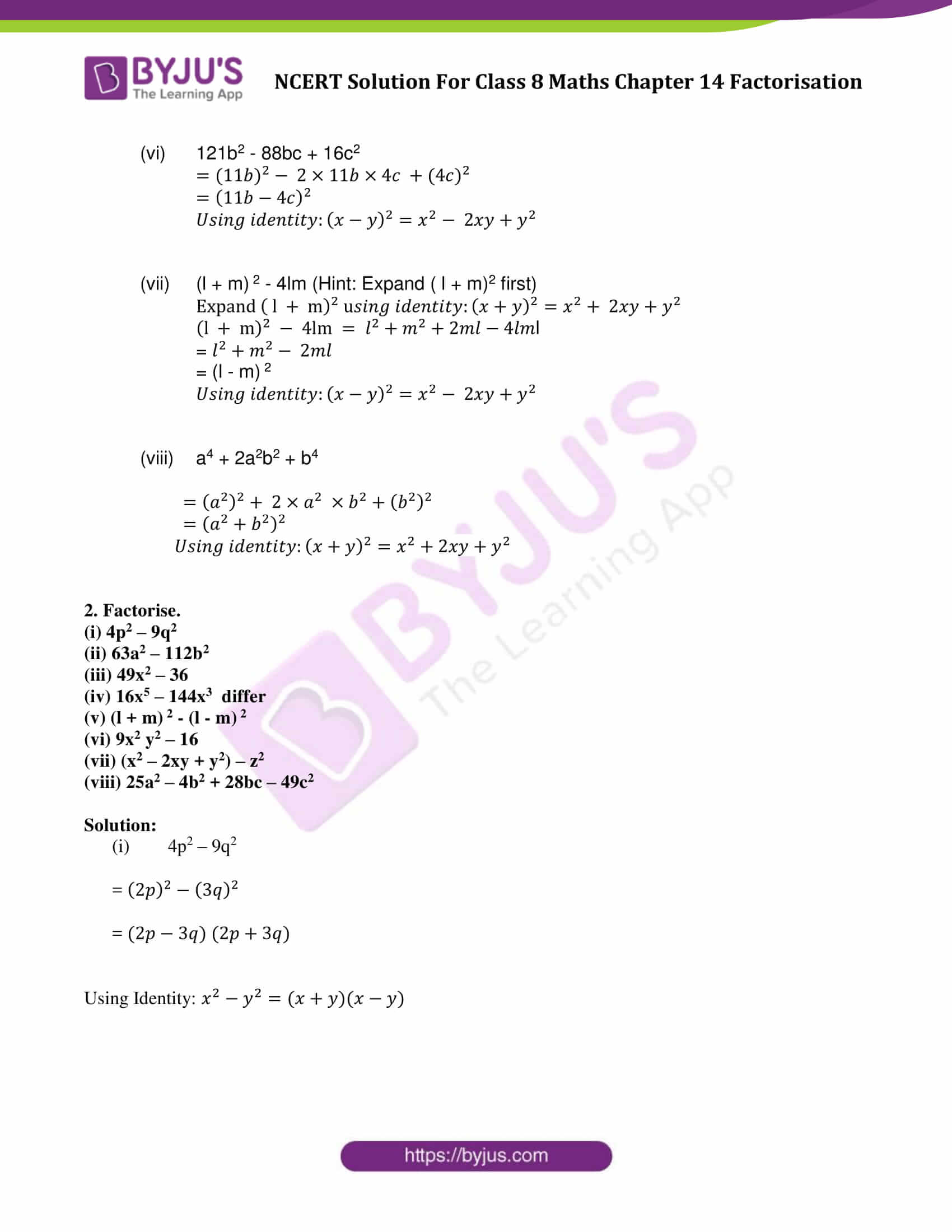 NCERT Solutions for Class 8 Maths Exercise 14.2 Chapter 14- factorisation