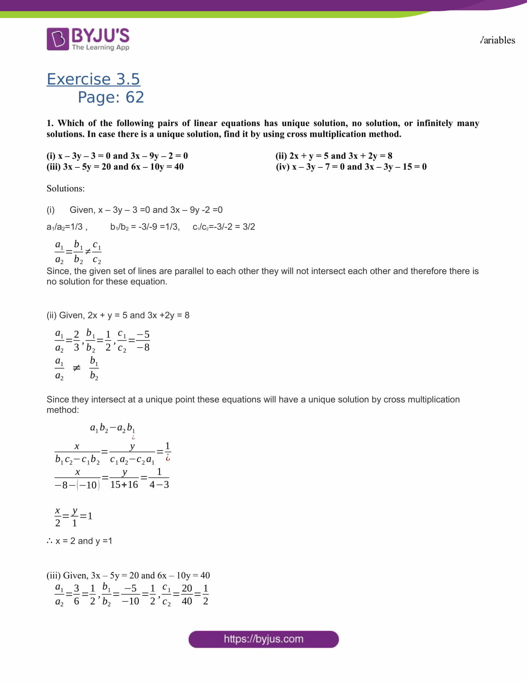 Ncert Solutions For Class 10 Maths Exercise 3 5 Chapter 3 Linear Equations In Two Variables