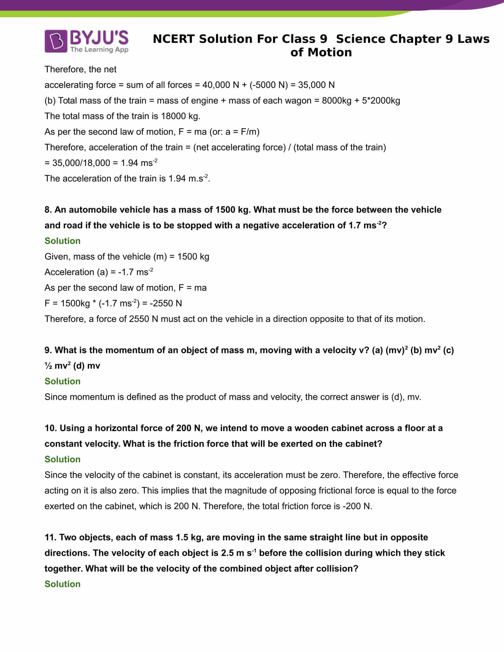NCERT Solutions Class 9 Science Chapter 9 Force And Laws Of Motion 