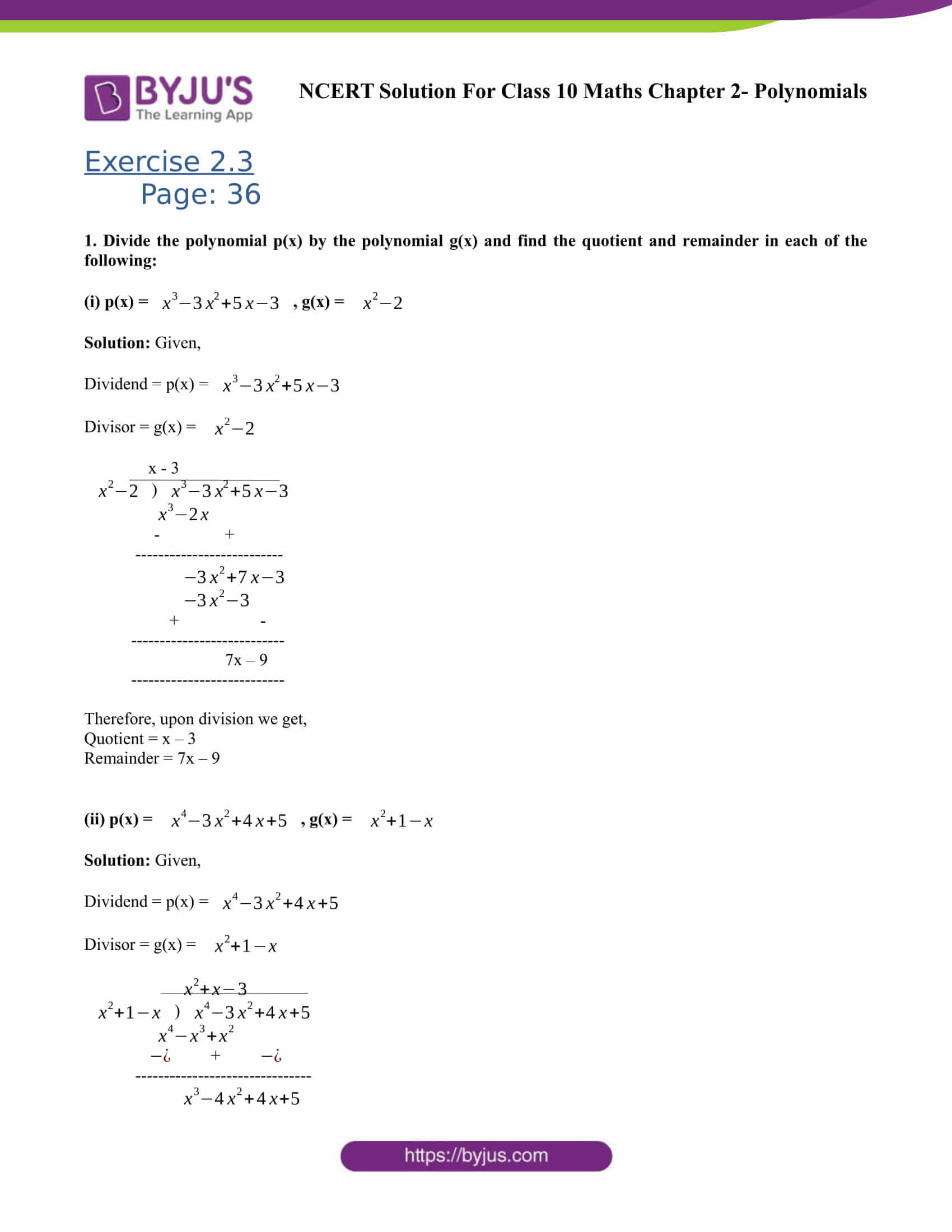 NCERT Solutions for Class 10 Maths Exercise 2.3 Chapter 2- polynomials