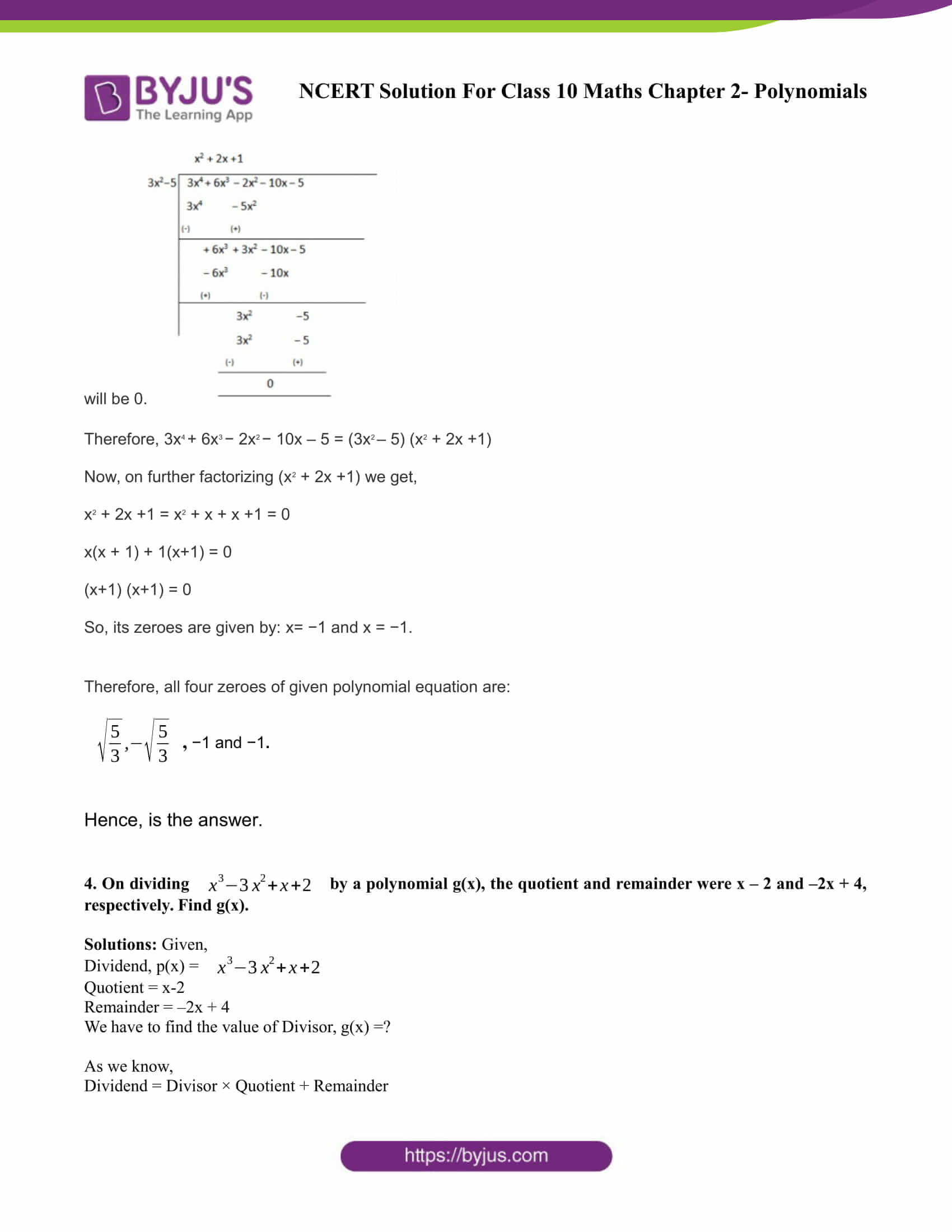 NCERT Solutions for Class 10 Maths Exercise 2.3 Chapter 2- polynomials