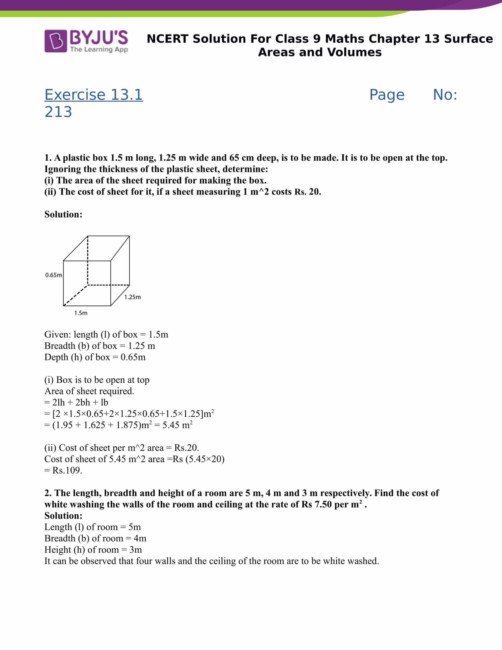 NCERT Solutions Class 9 Maths Chapter 13 Surface Area And Volume