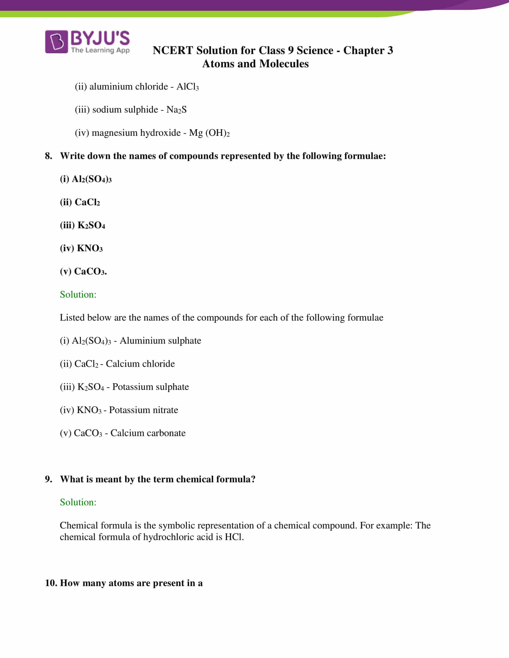 NCERT Solutions Class 9 Science Chapter 3 Atoms And Molecules - Free ...