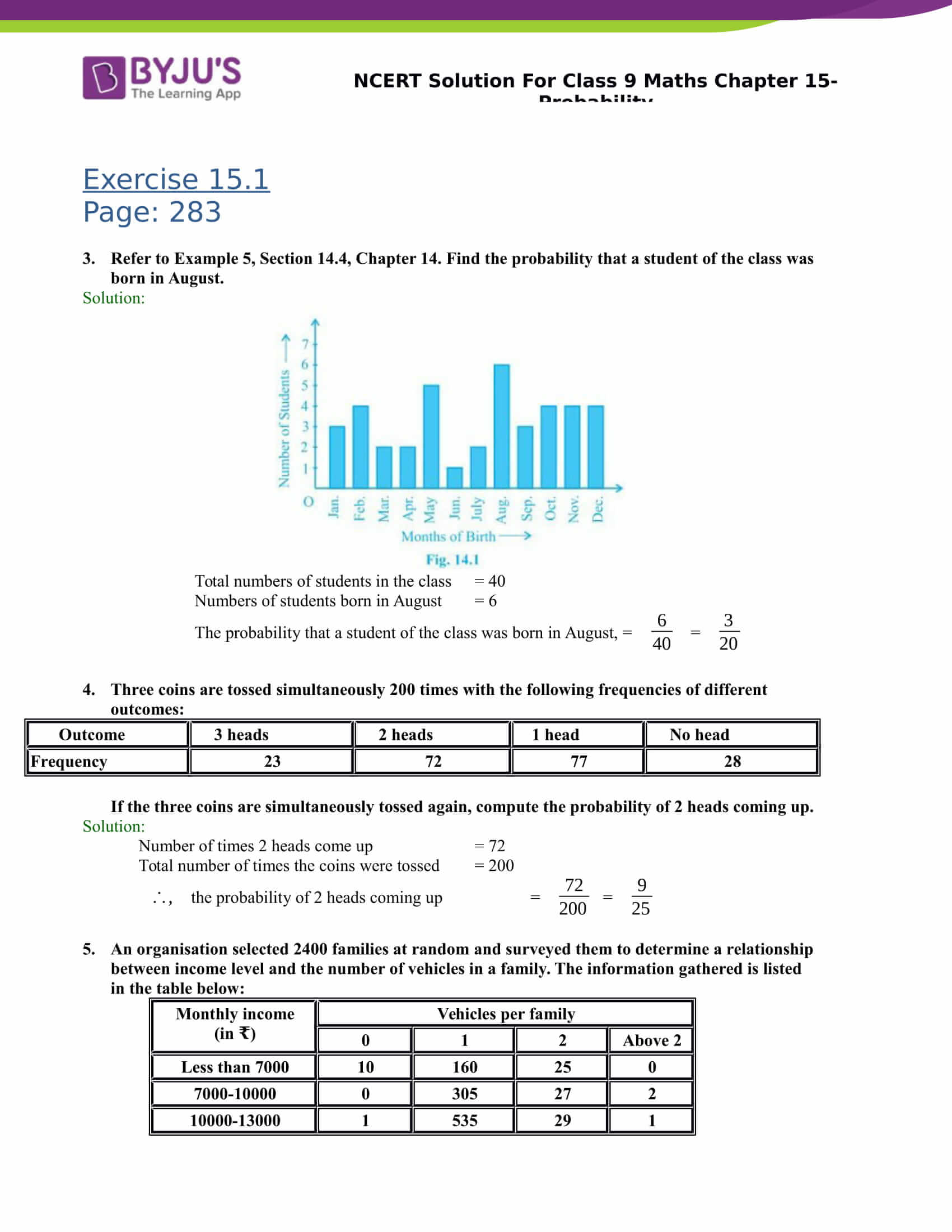 NCERT Solutions Class 9 Maths Chapter 15 Probability - Free Download