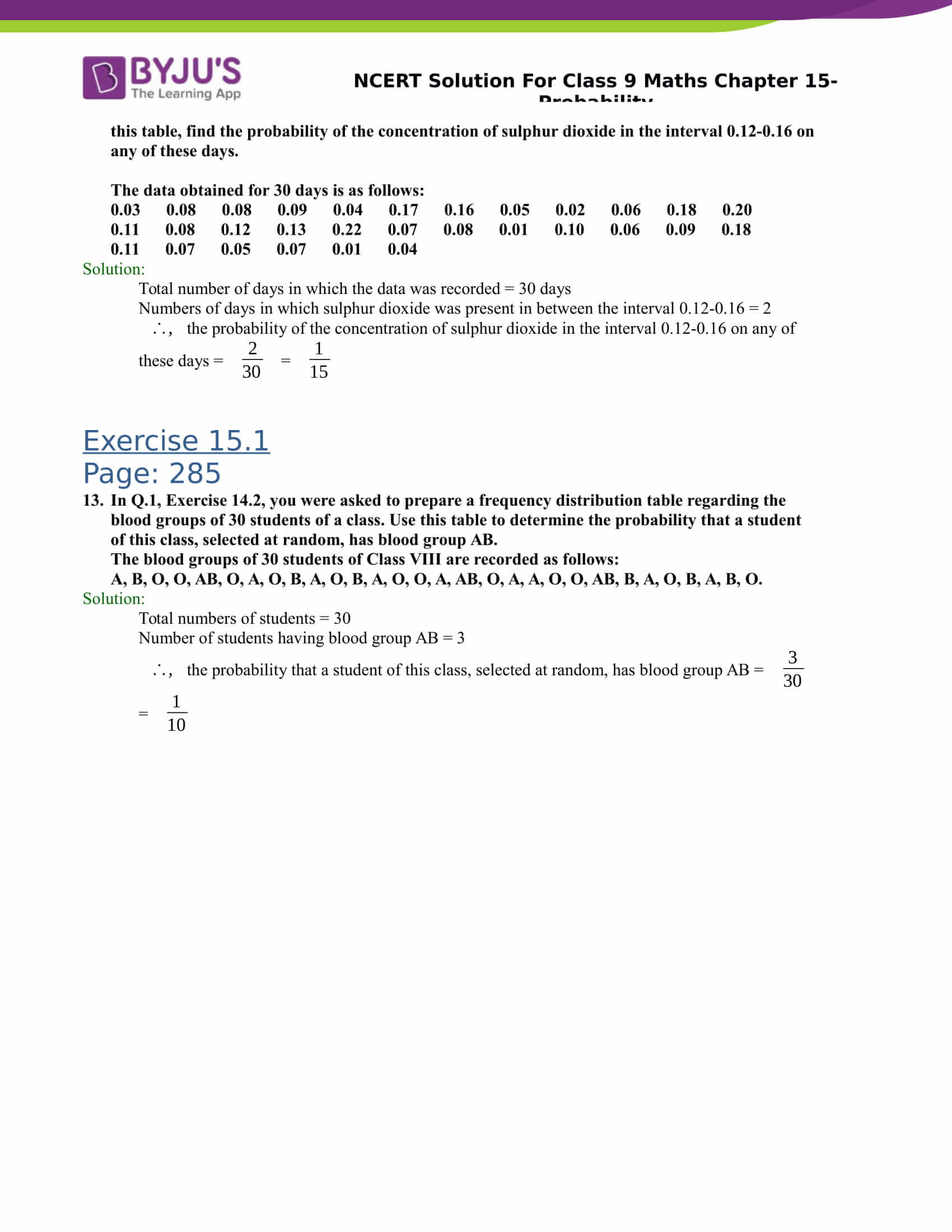 NCERT Solutions Class 9 Maths Chapter 15 Probability - Free Download