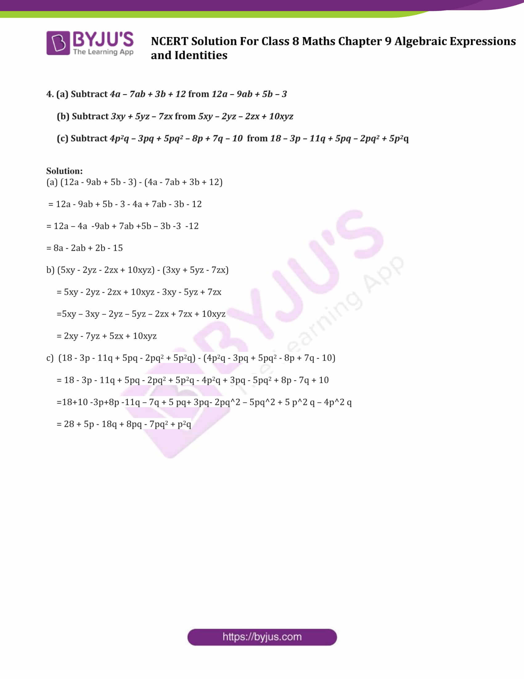 NCERT Solutions For Class 8 Maths Chapter 9 Algebraic Expressions And