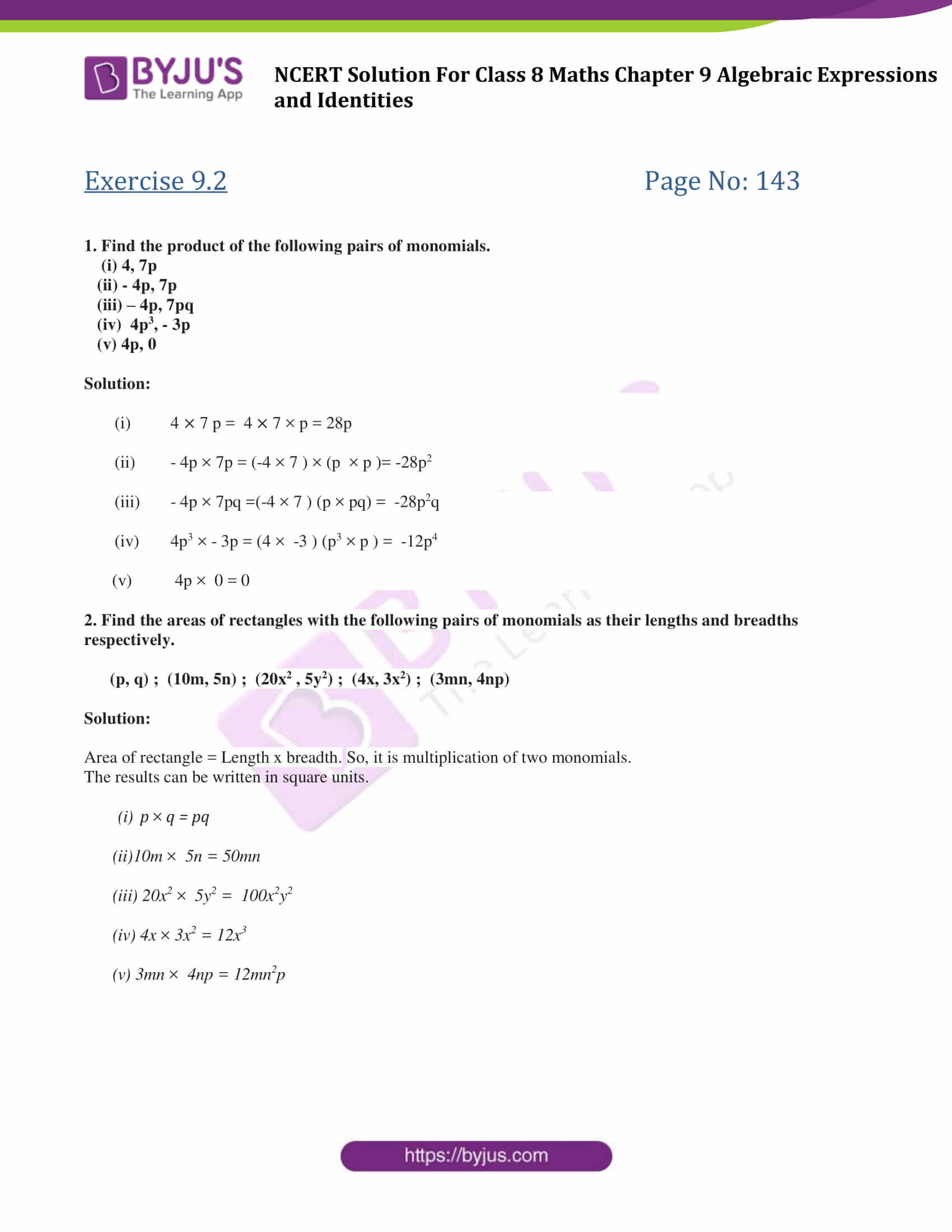 NCERT Solutions For Class 8 Maths Chapter 9 Algebraic Expressions And