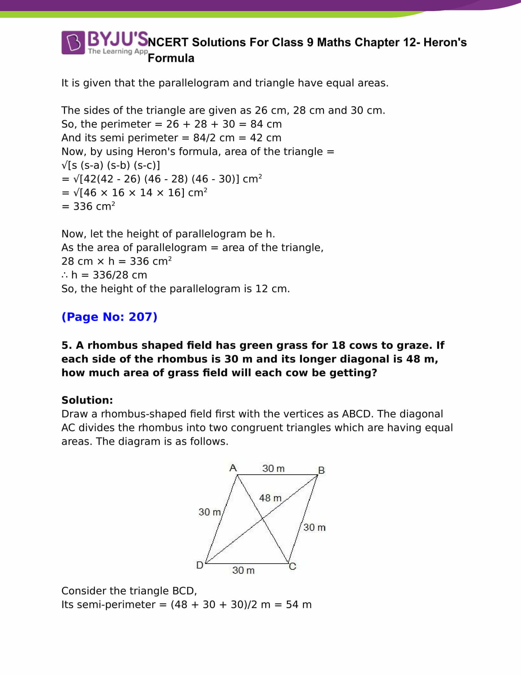 NCERT Solutions Class 9 Maths Chapter 12 Herons Formula Free Download