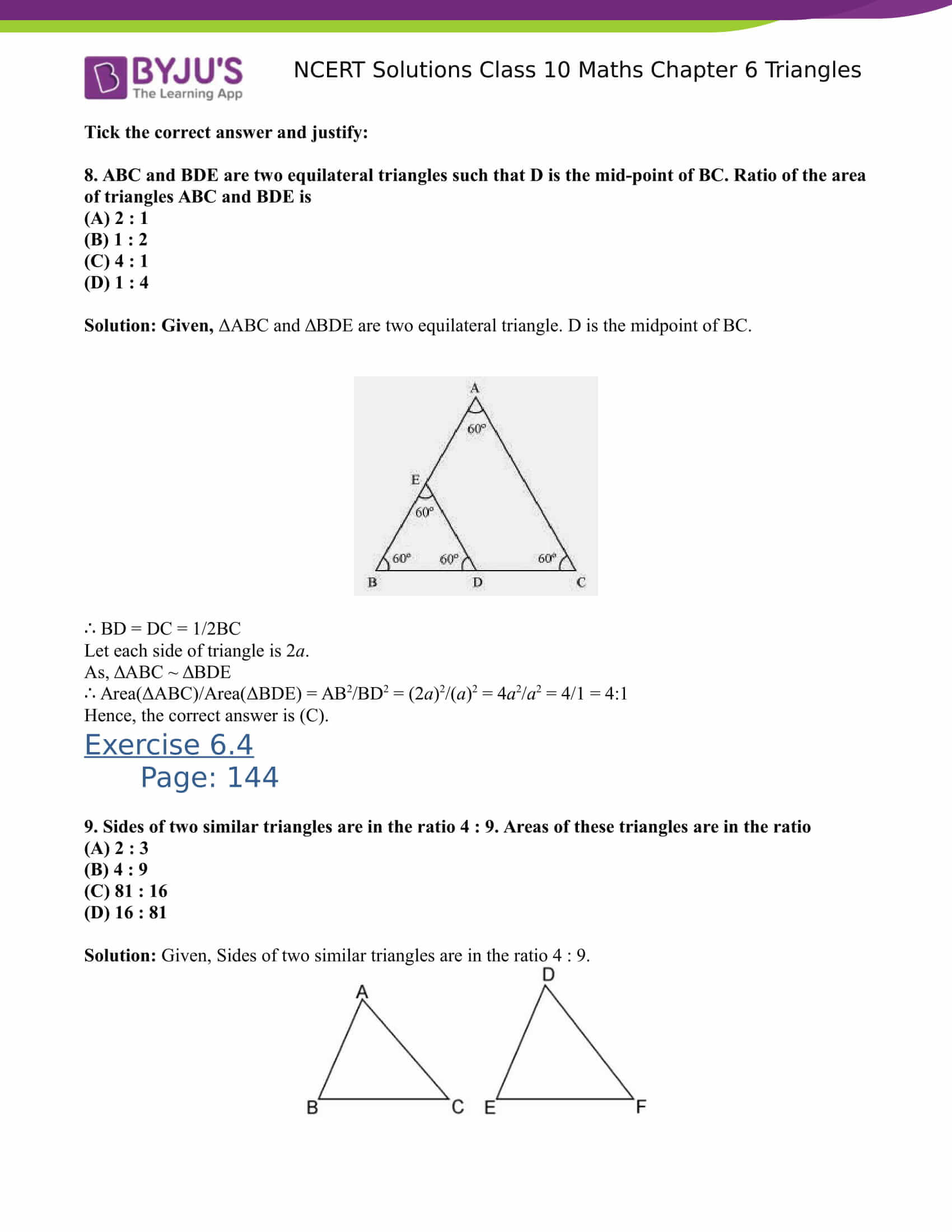 NCERT Solutions Class 10 Maths Chapter 6 : Triangles - Get PDF