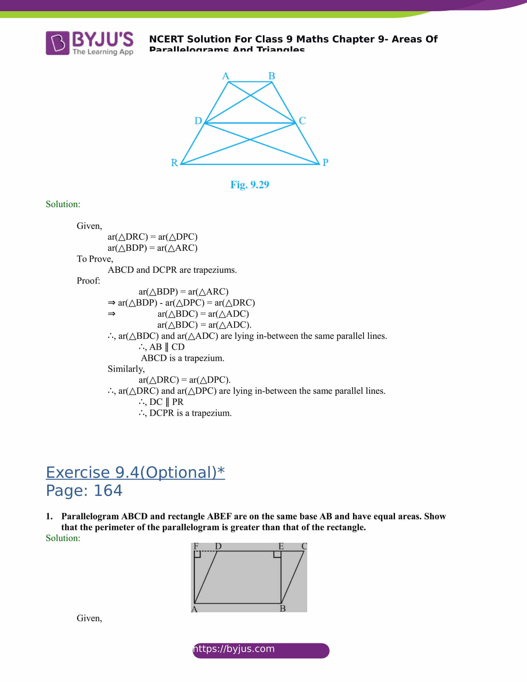 NCERT Solutions Class 9 Maths Chapter 9 Areas of Parallelograms and Triangle - Get Free PDFs