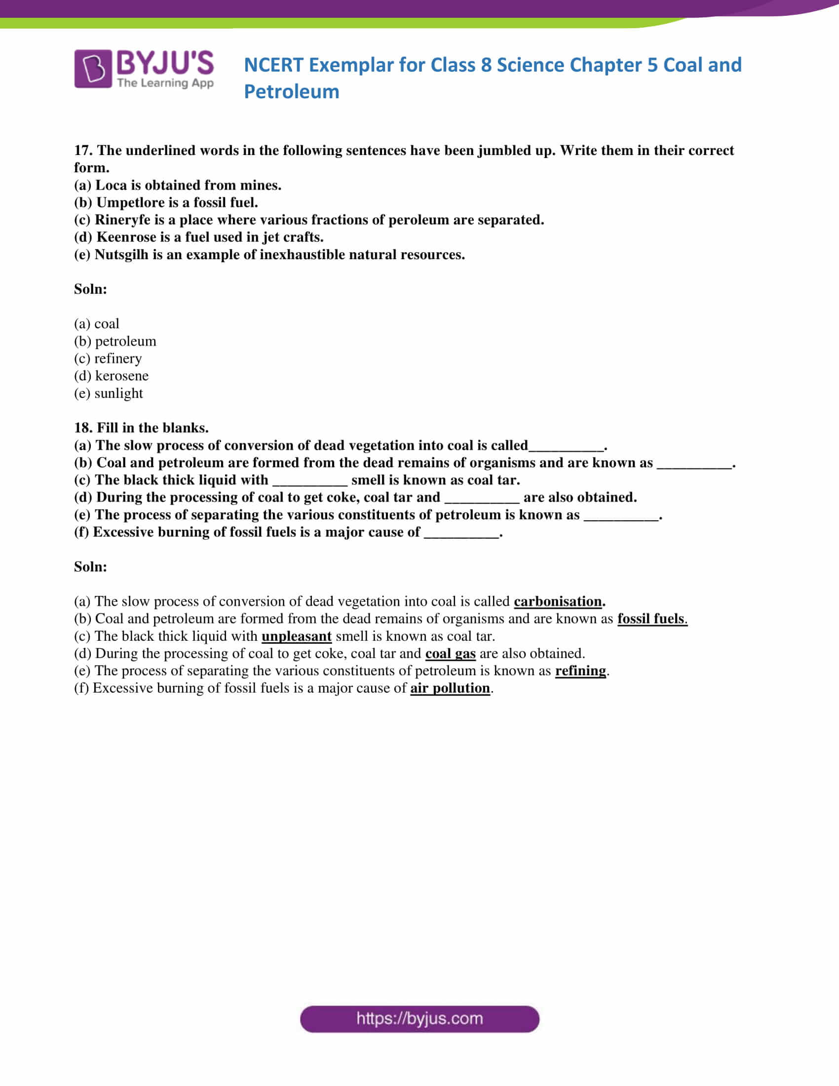 NCERT Exemplar Class 8 Science Solutions Chapter 5 Coal And Petroleum NCERT Exemplar Class 8 Science Solutions Chapter 5 Coal And Petroleum