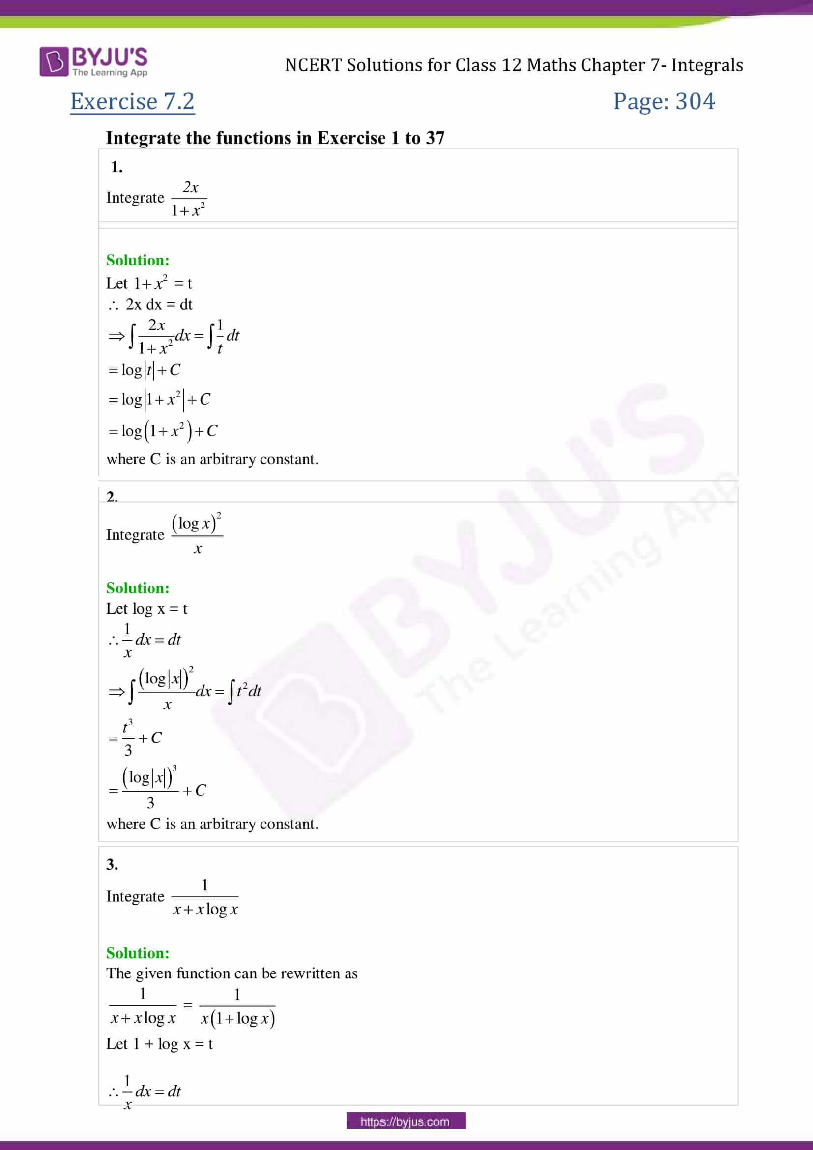NCERT Solutions for Class 12 Maths Exercise 7.2 Chapter 7- integrals