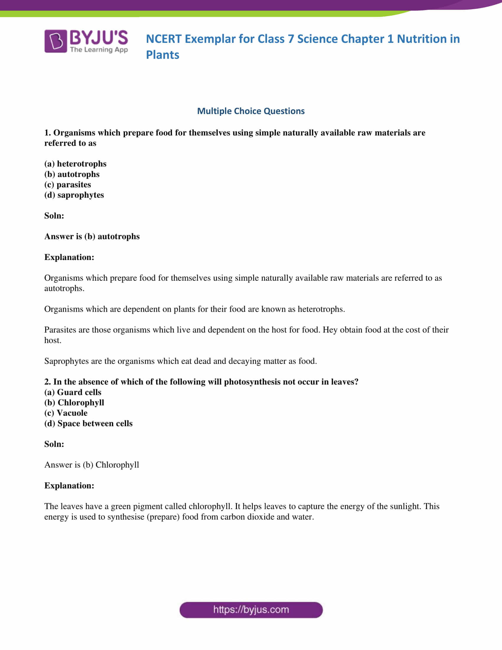 NCERT Exemplar Solutions For Class 7 Science Chapter 1 Nutrition In Plants NCERT Exemplar Solutions For Class 7 Science Chapter 1 Nutrition In Plants