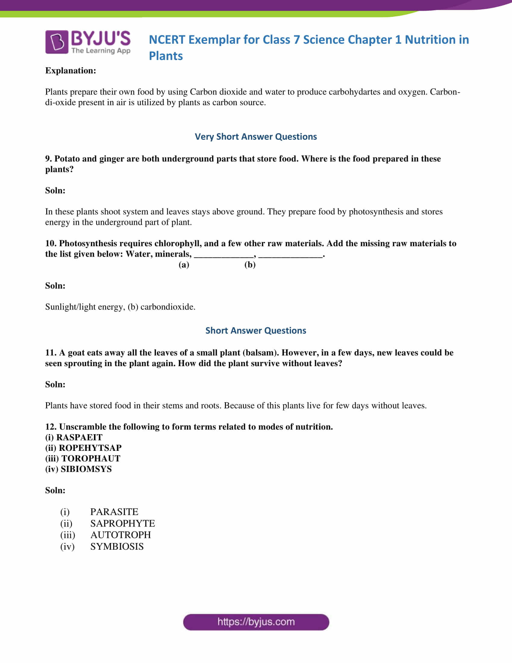 NCERT Exemplar Solutions For Class 7 Science Chapter 1 Nutrition In Plants NCERT Exemplar Solutions For Class 7 Science Chapter 1 Nutrition In Plants
