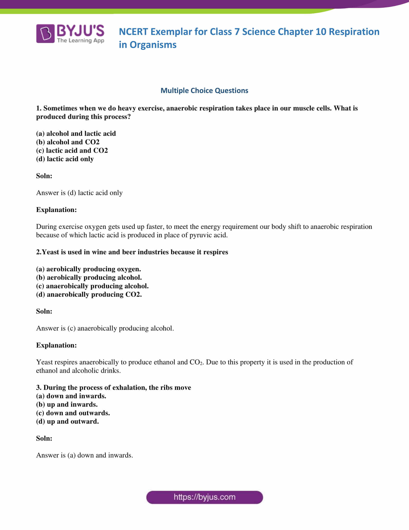 NCERT Exemplar Solutions For Class 7 Science Chapter 10 Respiration In