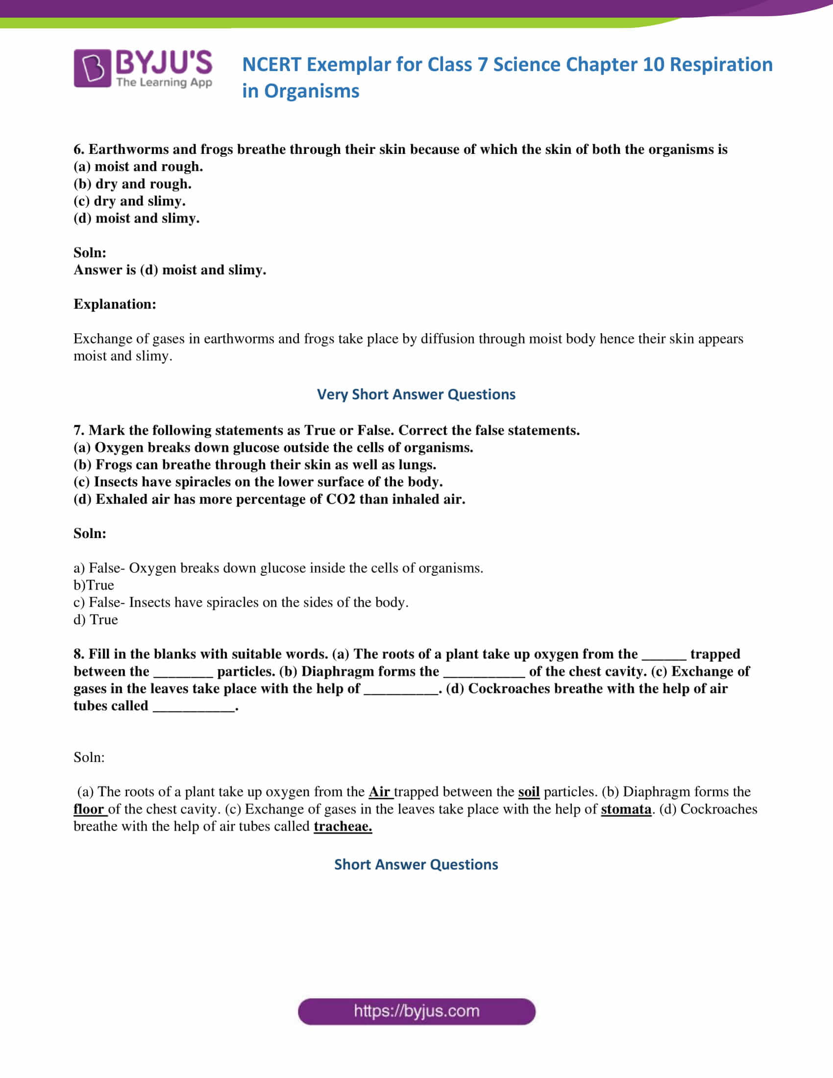 NCERT Exemplar Solutions For Class 7 Science Chapter 10 Respiration In NCERT Exemplar Solutions For Class 7 Science Chapter 10 Respiration In