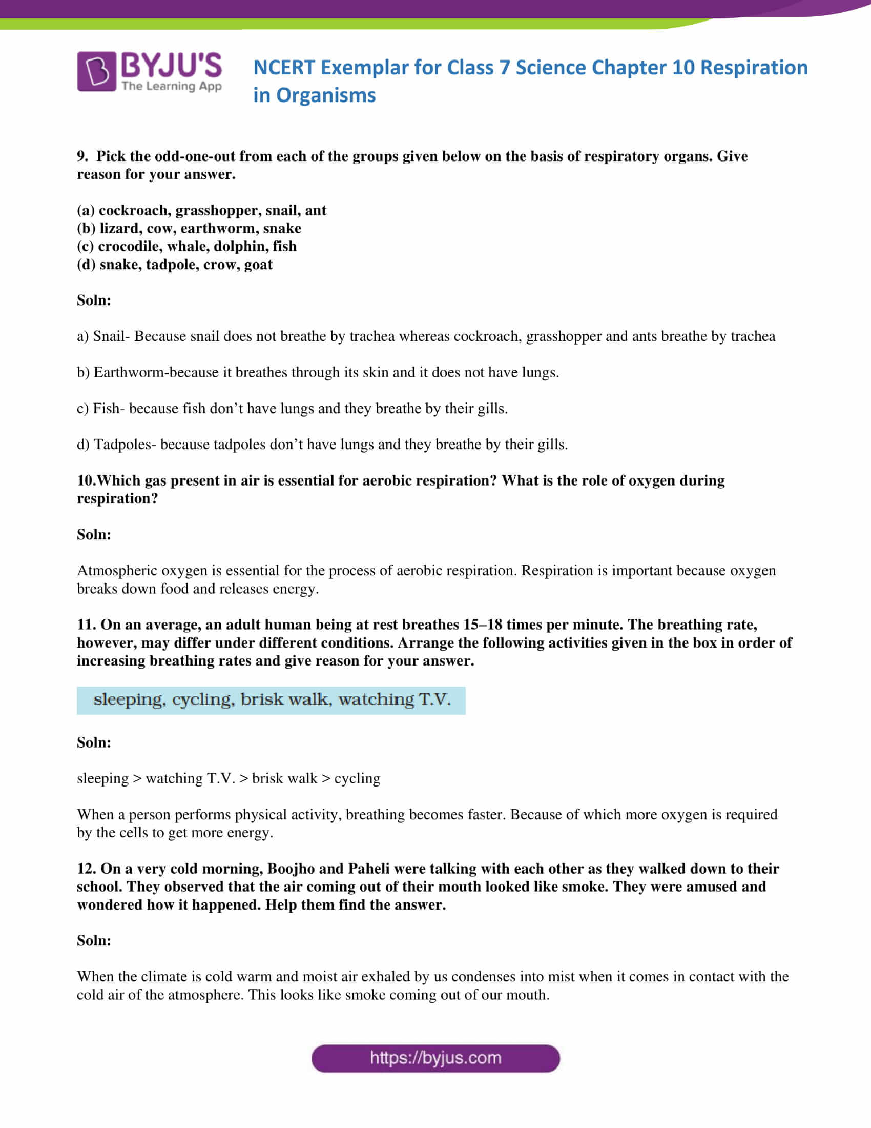 NCERT Exemplar Solutions For Class 7 Science Chapter 10 Respiration In NCERT Exemplar Solutions For Class 7 Science Chapter 10 Respiration In