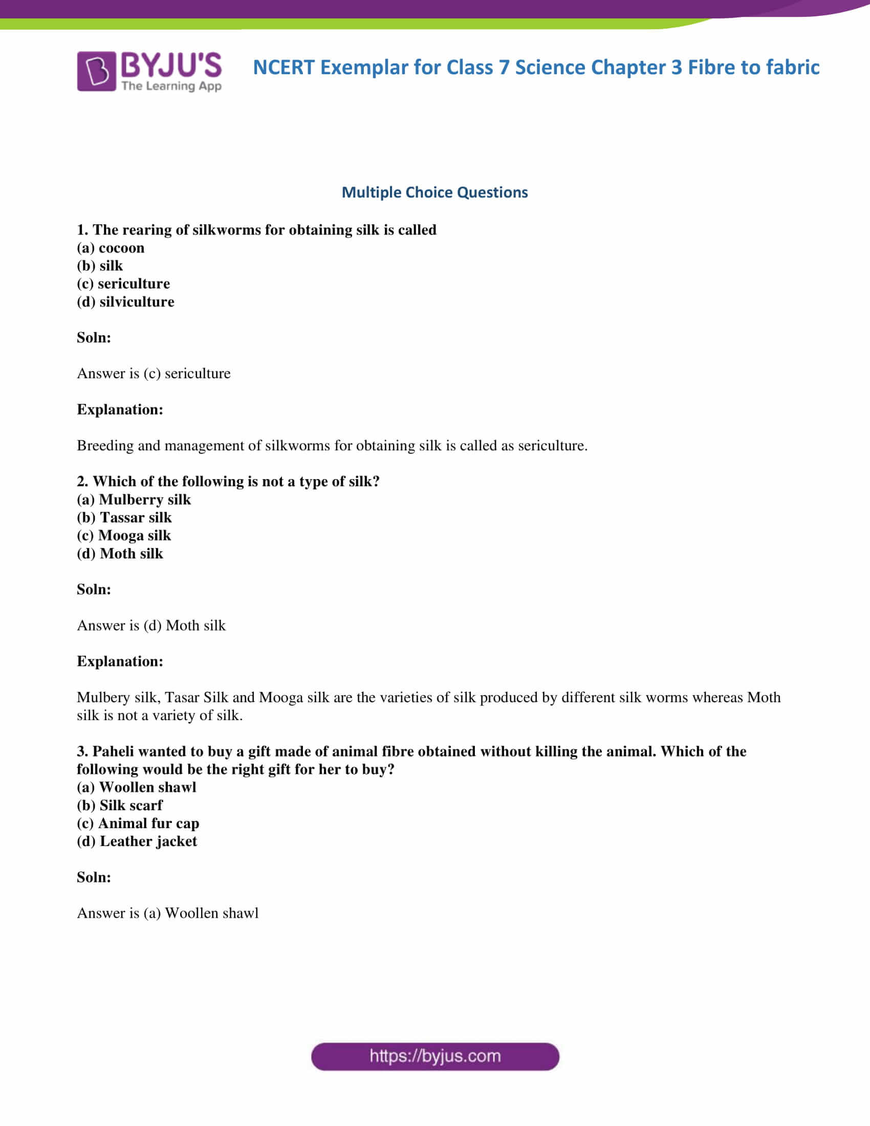 NCERT Exemplar Solutions For Class 7 Science Chapter 3 Fibre To Fabric NCERT Exemplar Solutions For Class 7 Science Chapter 3 Fibre To Fabric