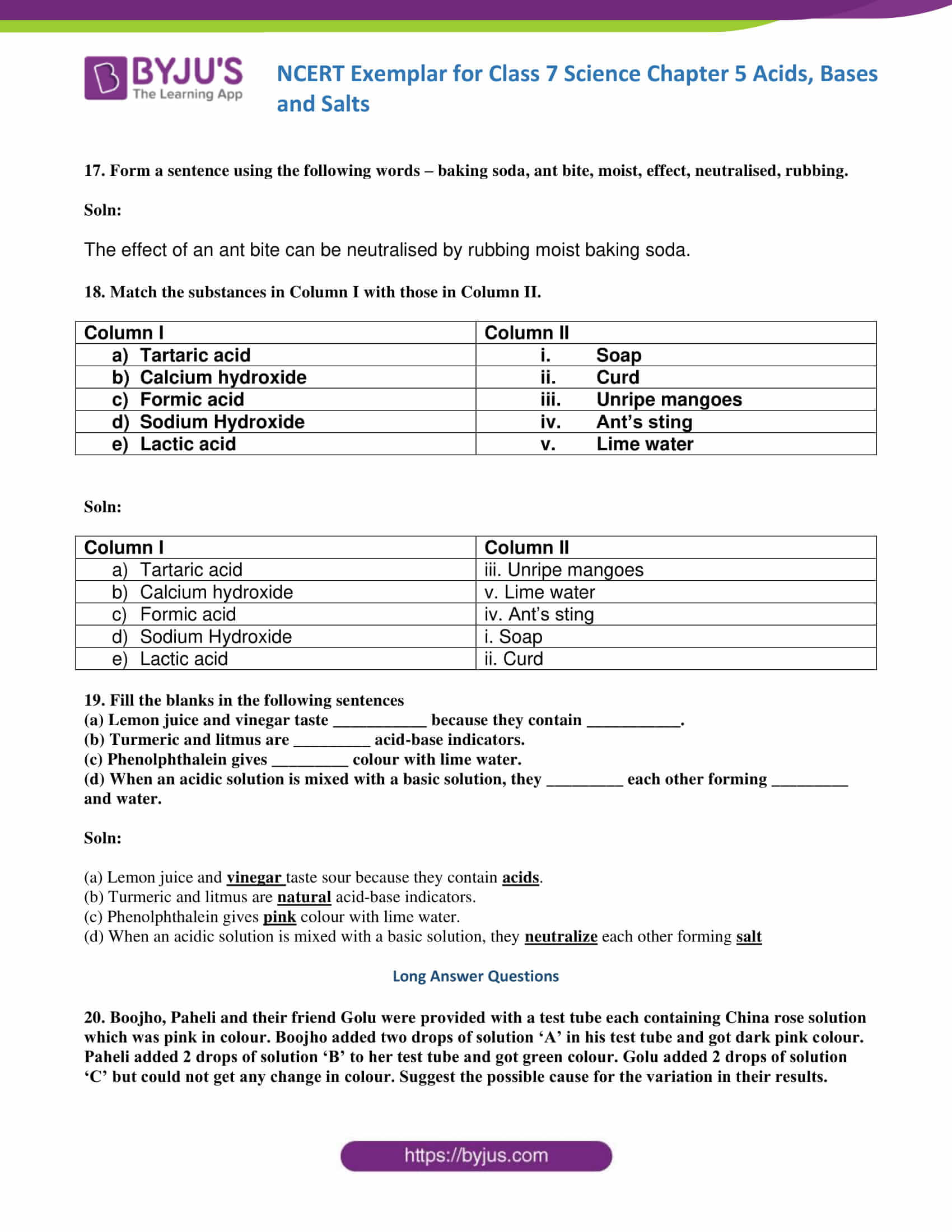 NCERT Exemplar Solutions For Class 7 Science Chapter 5 Acids Bases NCERT Exemplar Solutions For Class 7 Science Chapter 5 Acids Bases