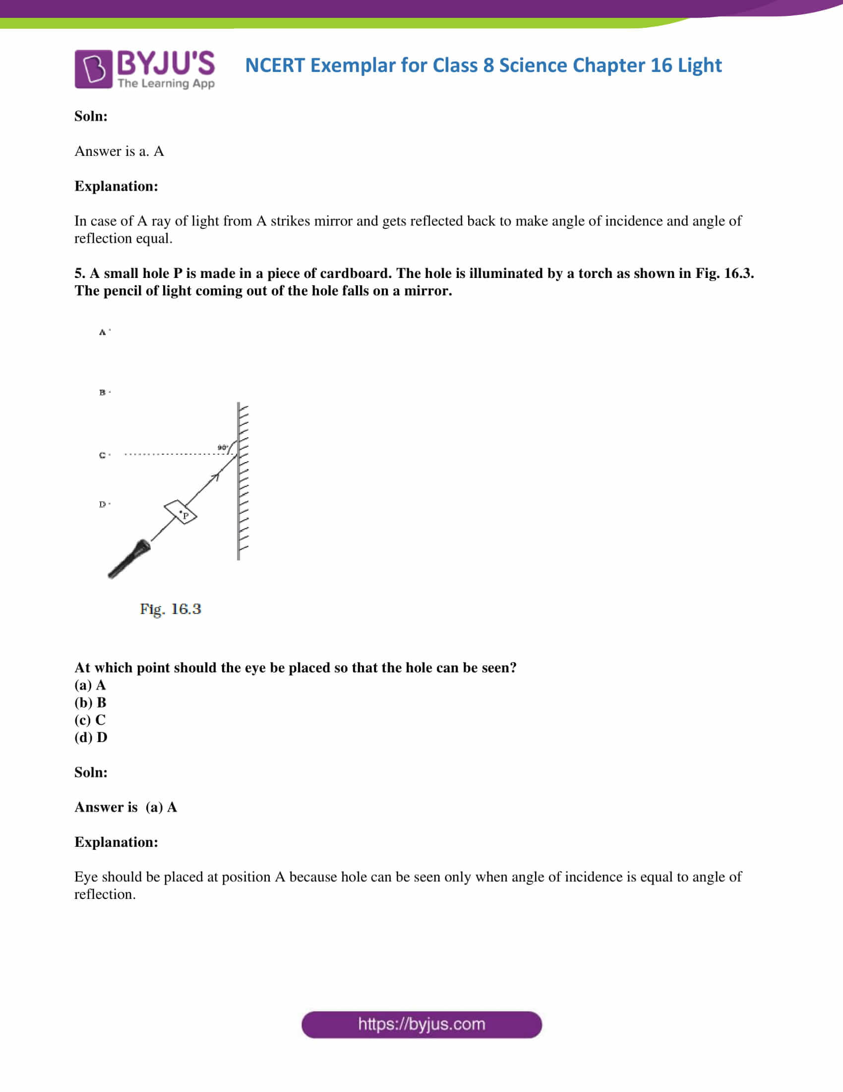 NCERT Exemplar Class 8 Science Solutions Chapter 16 Light