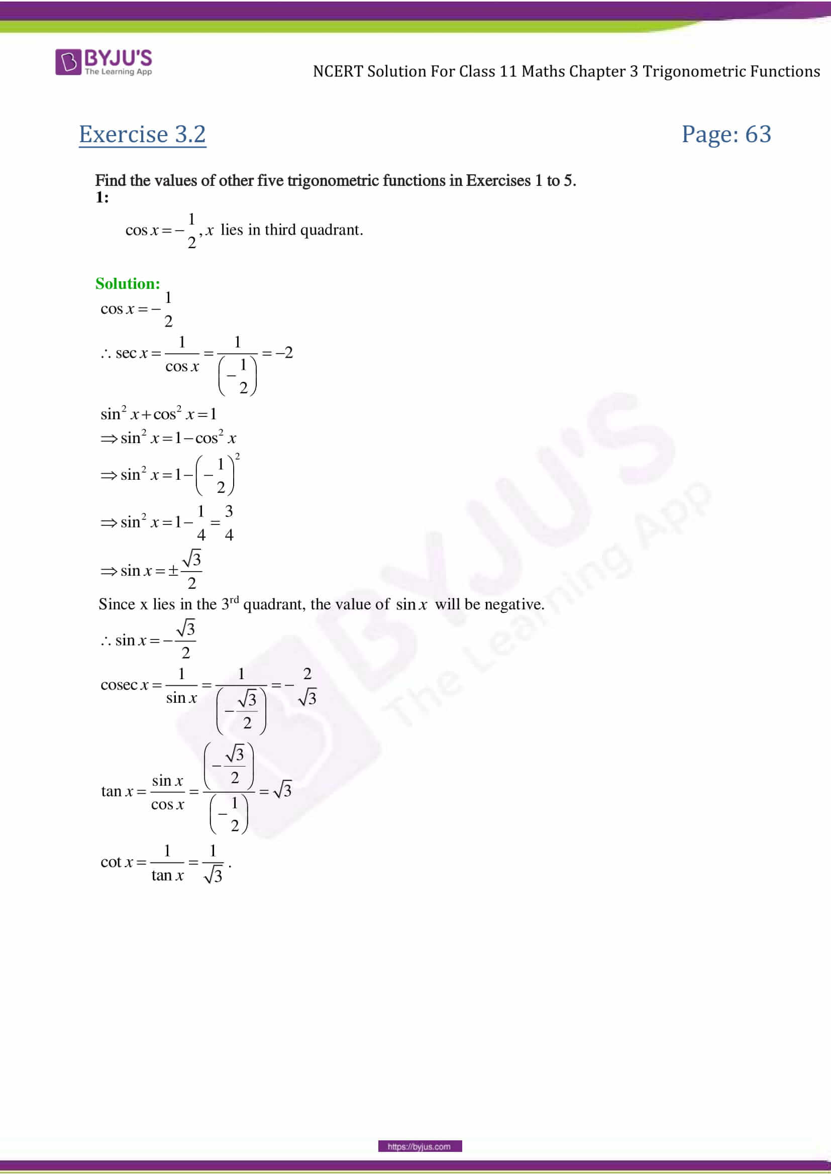 NCERT Solutions Class 11 Maths Chapter 3 Trigonometric Functions Free ...