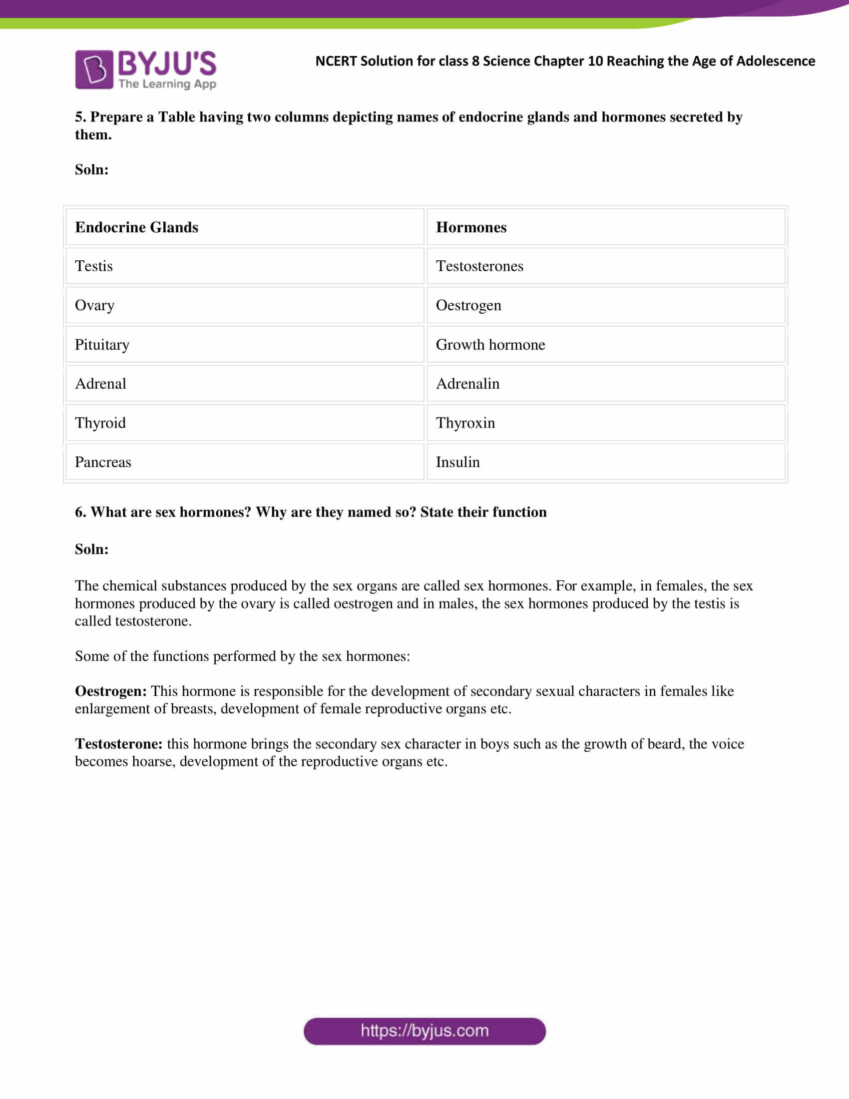 Ncert Solutions For Class 8 Science Chapter 10 Reaching The Age Of