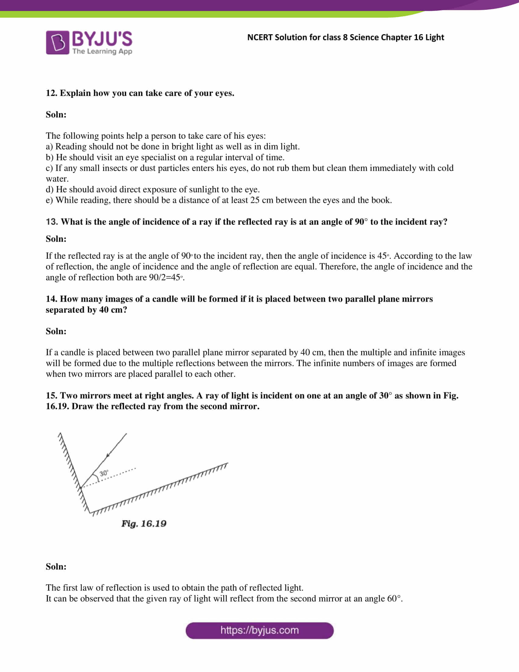 NCERT Solutions for Class 8 Science Chapter 16 Light