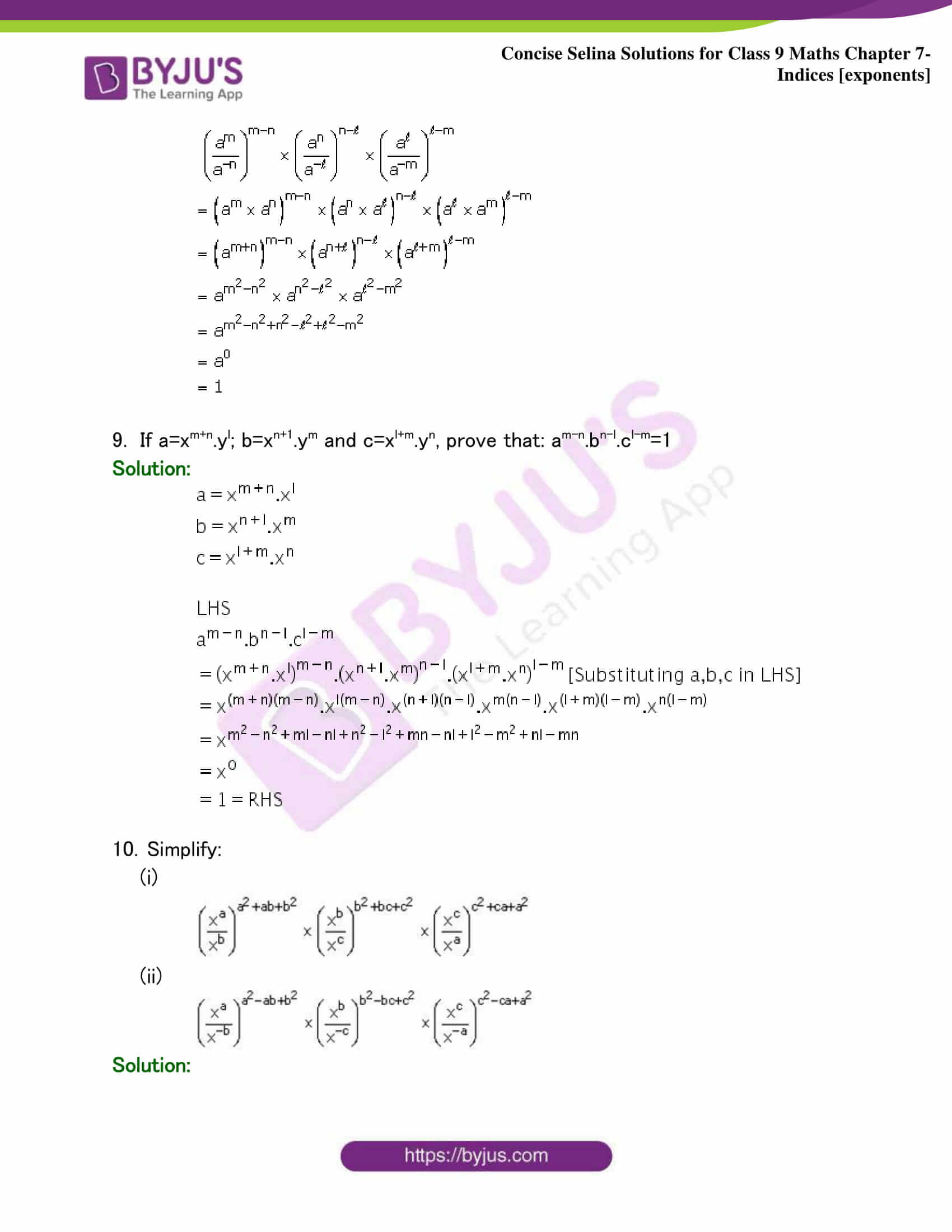 Selina Solutions Class 9 Concise Maths Chapter 7 indices -Download Free PDF
