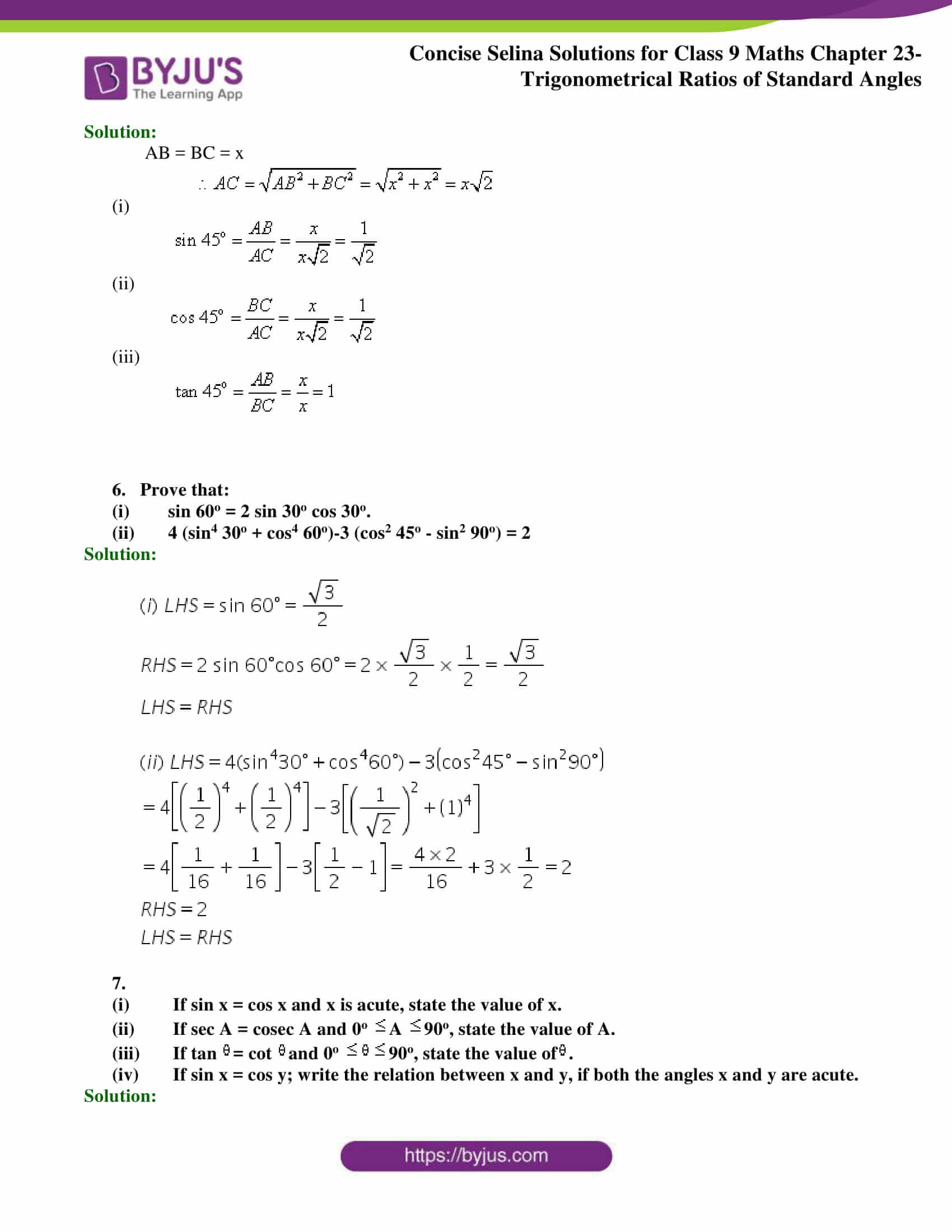 Selina Solutions Class 9 Concise Maths Chapter 23 Trigonometrical ...
