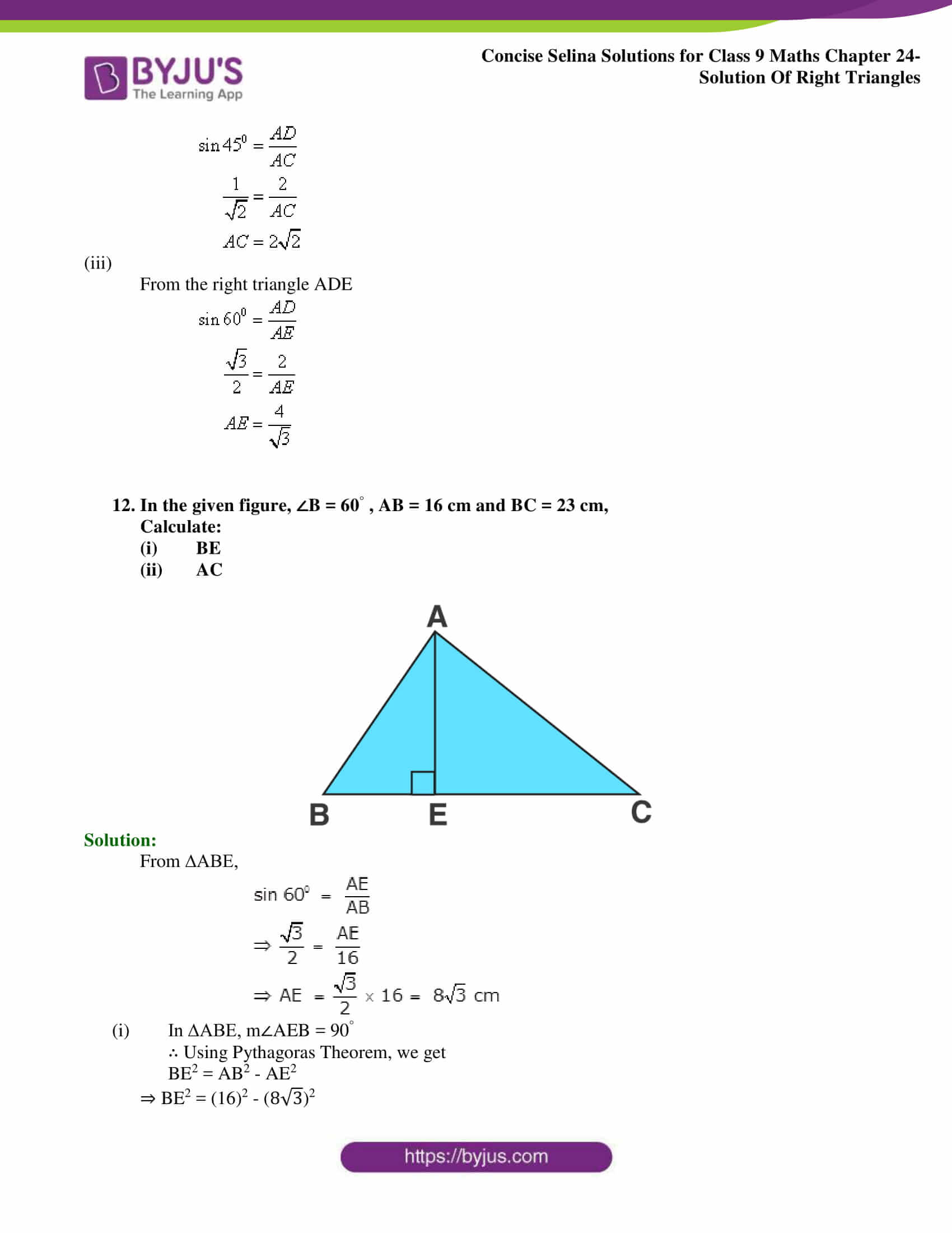 Selina Solutions Class 9 Concise Maths Chapter 24 Solution of Right ...