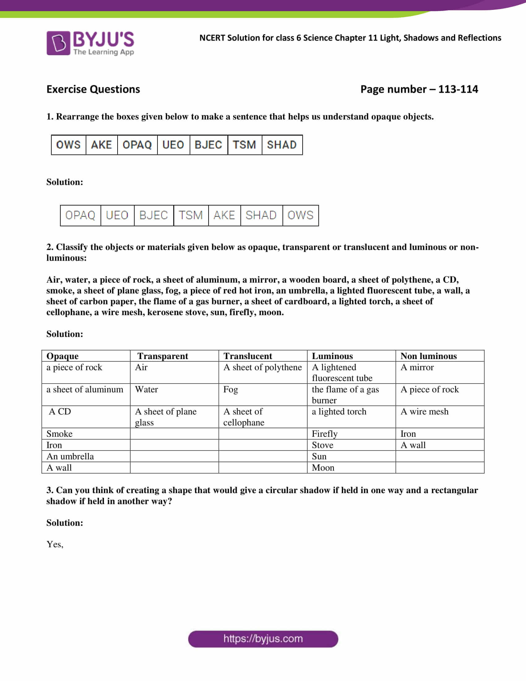 NCERT Solutions for Class 6 Science Chapter 11 Light, Shadows and Reflections