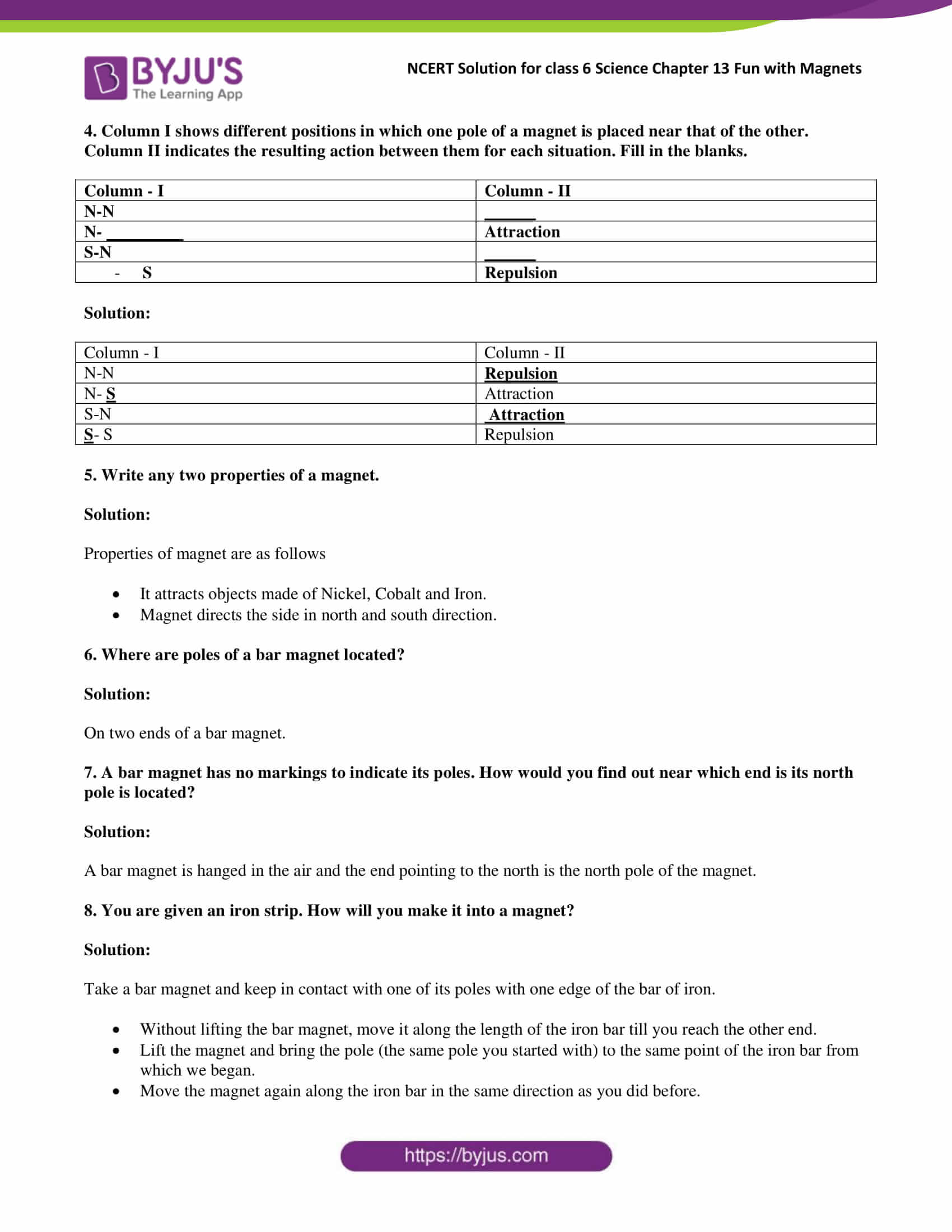 NCERT Solutions for Class 6 Science Chapter 13 Fun with magnets - Free PDF